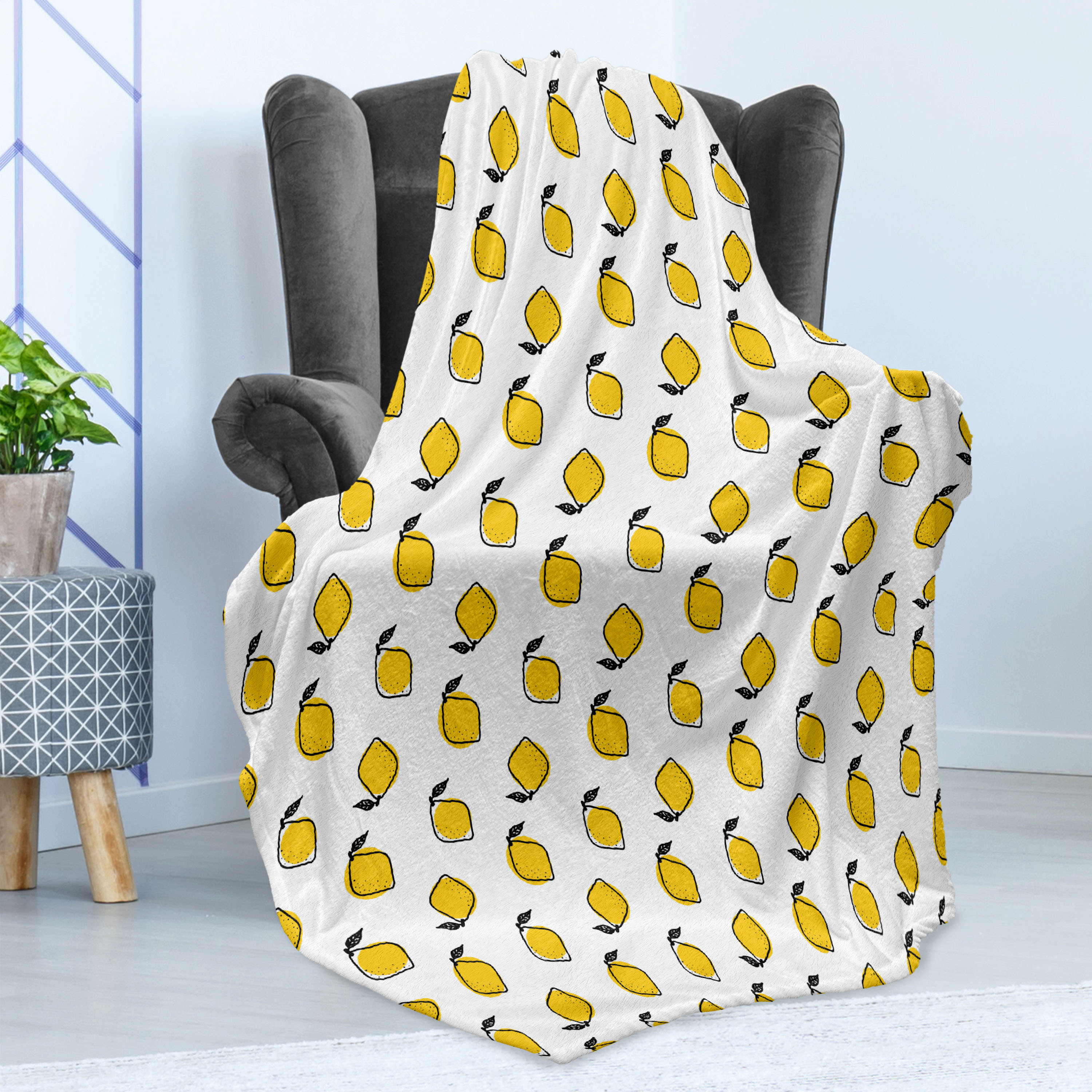 Ambesonne Yellow and White Fleece Throw Blanket Doodle Lemons Yellow ...
