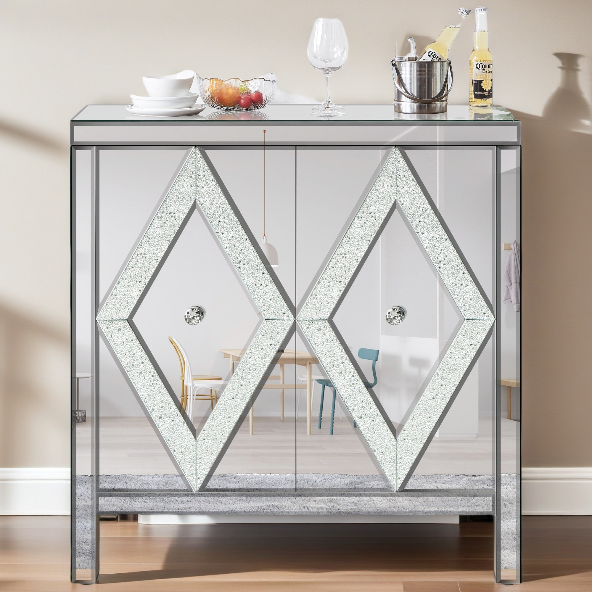 Mercer41 Storage Cabinet With Mirror Trim And Diamond Shape Design ...