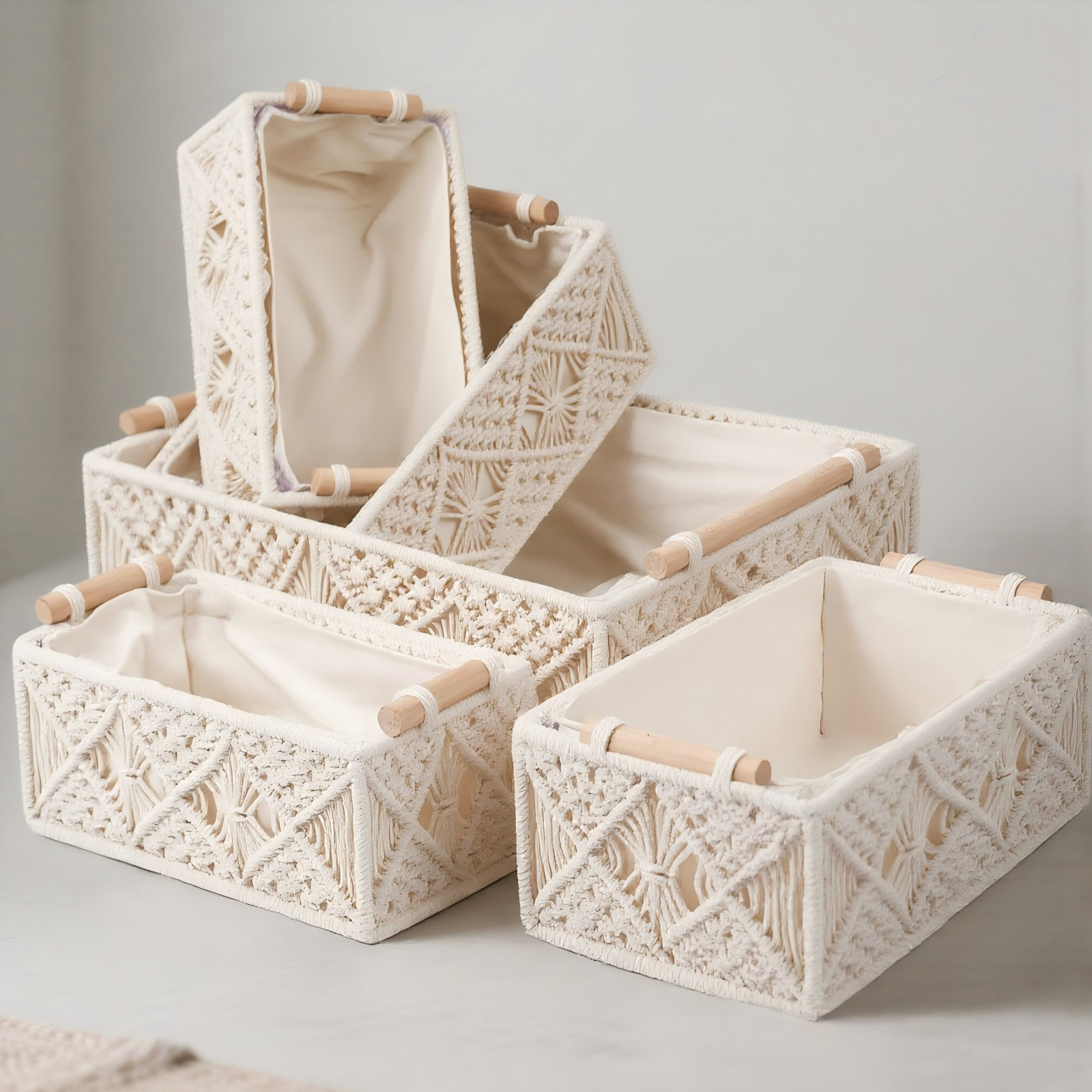 CONTIS 5-Piece Macrame Storage Set With Wood Handles – Removable Lined ...