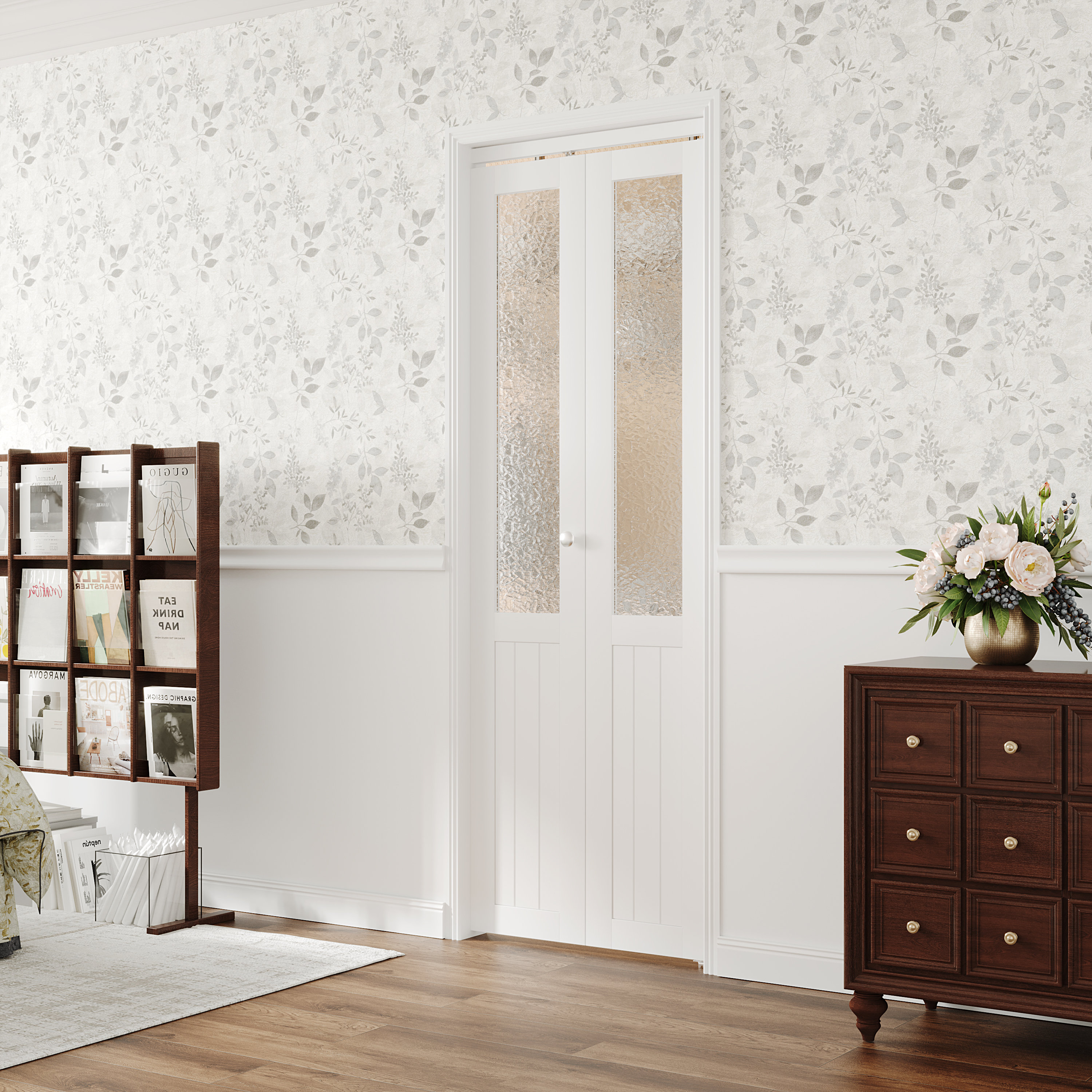 CHIC MODE Half Frosted Glass Bi Fold Door Manufacture Wood With ...