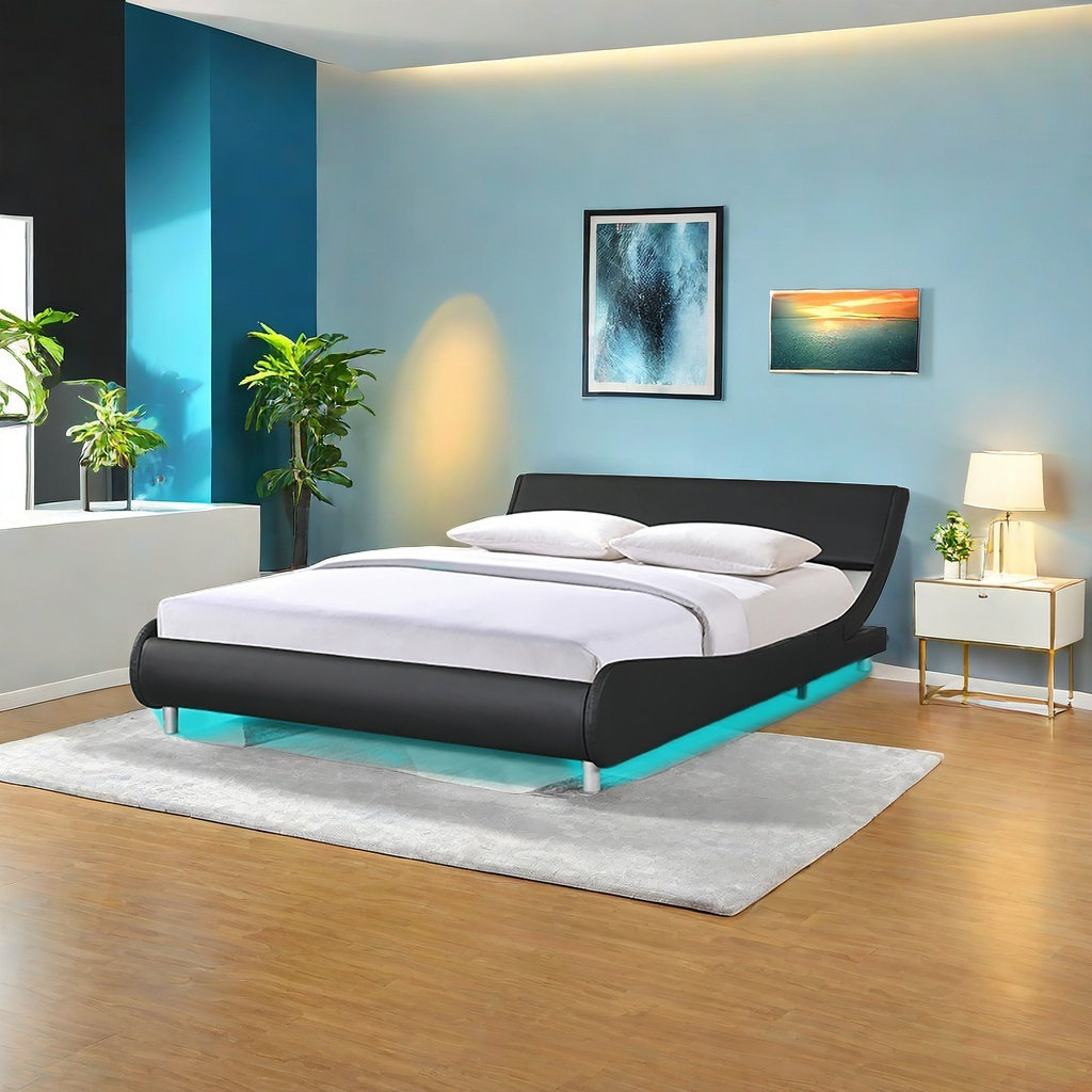 Wrought Studio Queen Size Bed Frames Wood Leather Bed With Backrest Led ...