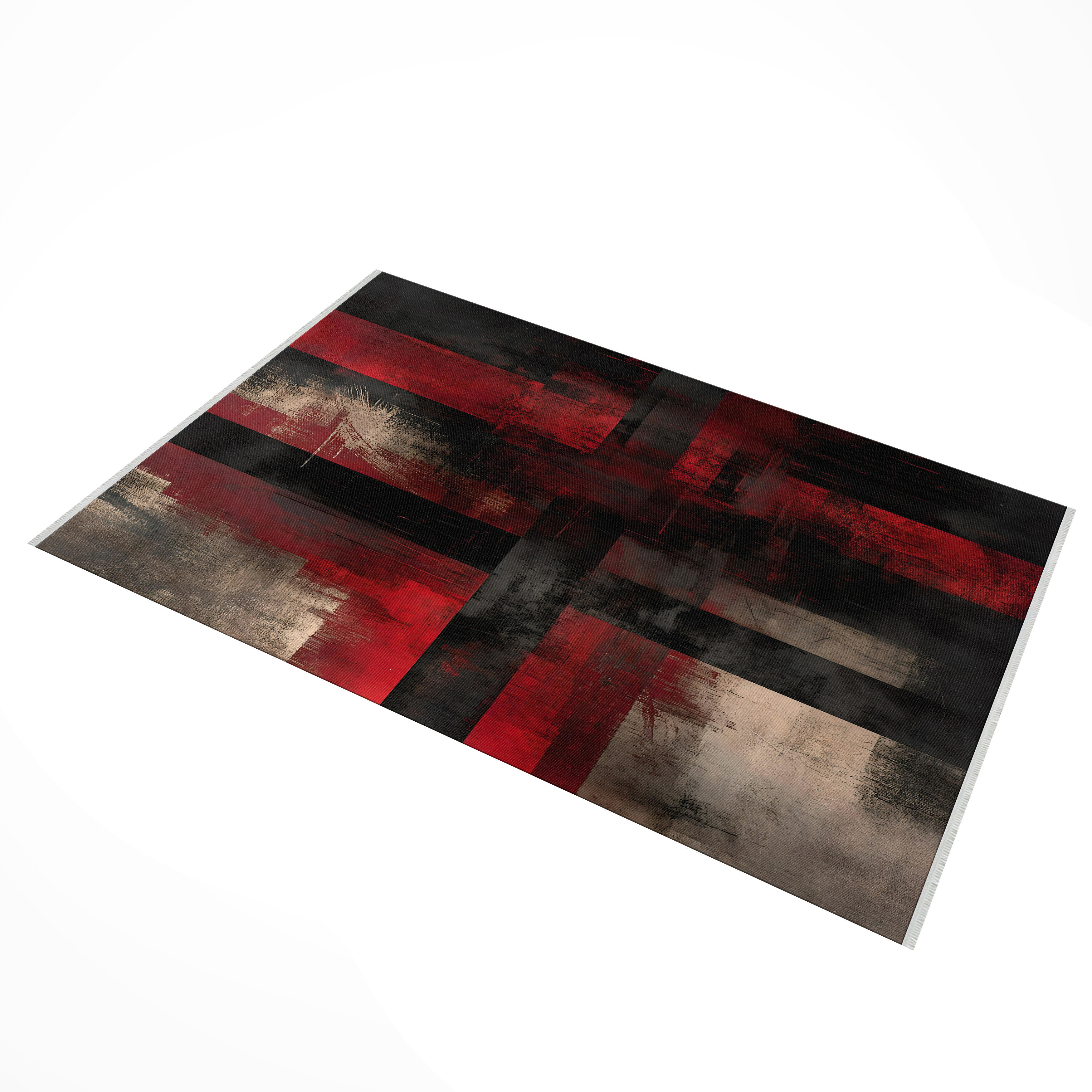 Lofy Modern Abstract Print Area Rug - Red, Black, And Beige - Bold And ...