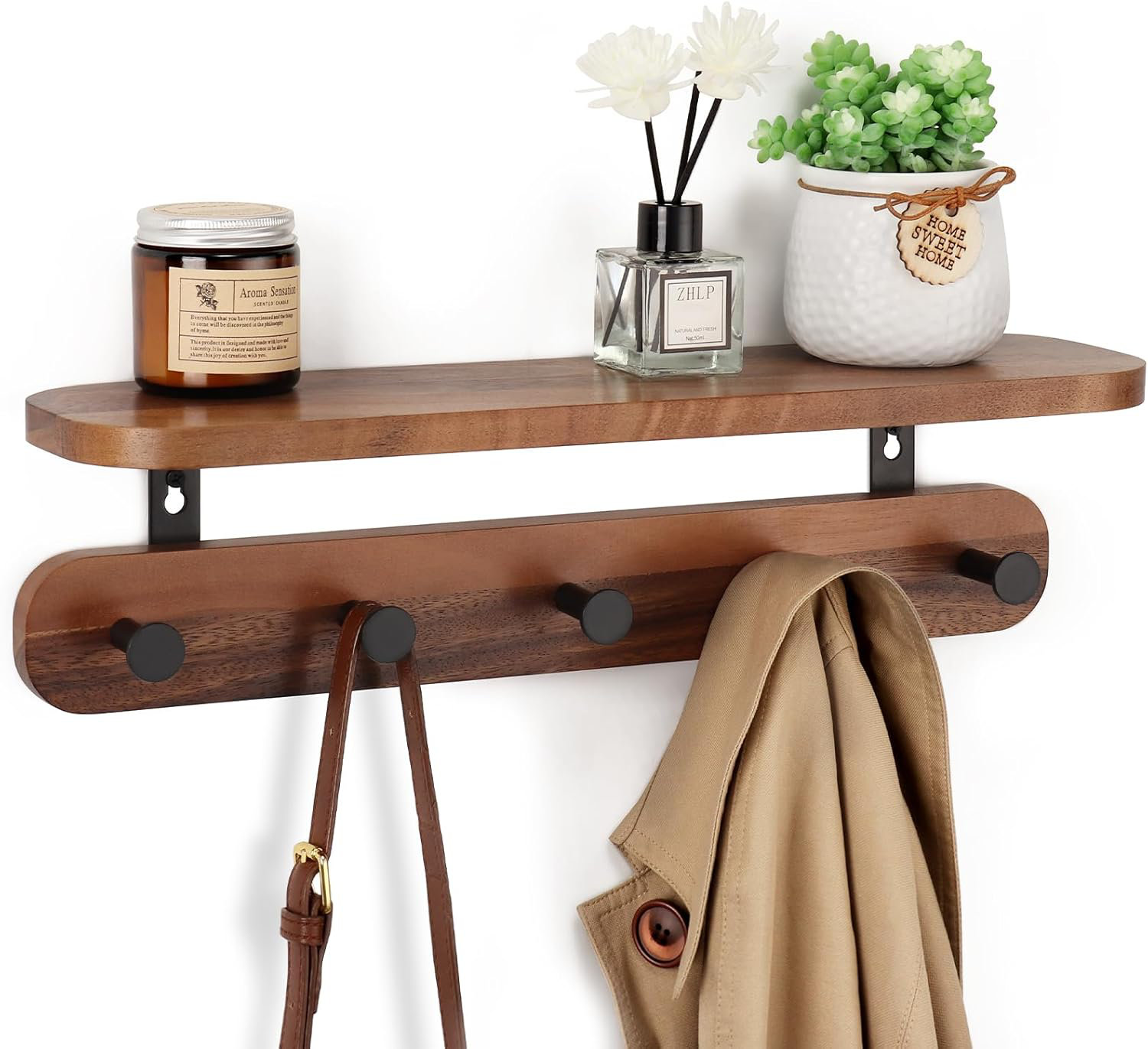 CHUANGWENYI Coat Rack Wall Mount With Shelf, Walnut Wood Wall Shelf ...