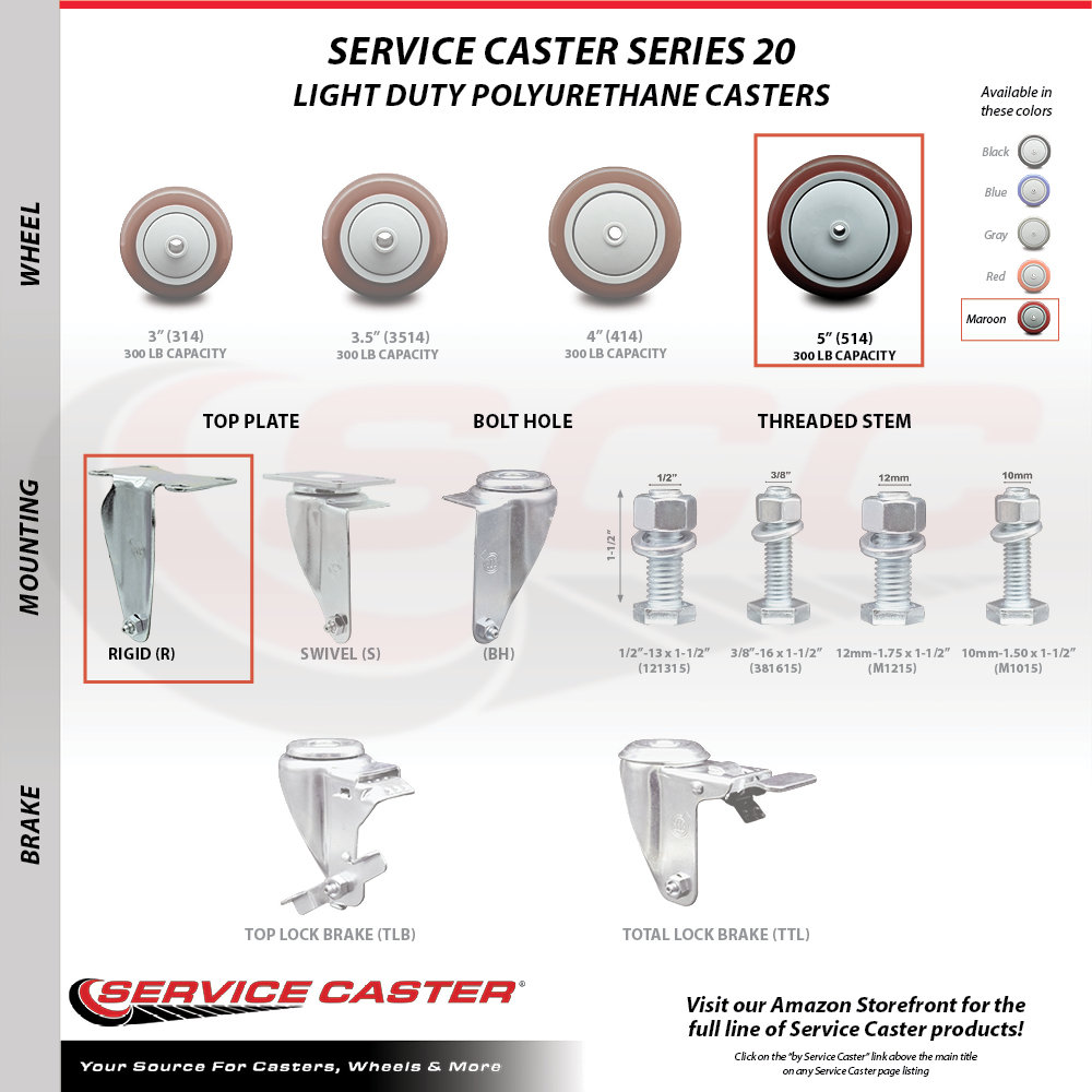 Service Caster Polyurethane Swivel Top Plate Caster Set with 2 Brake 2 ...
