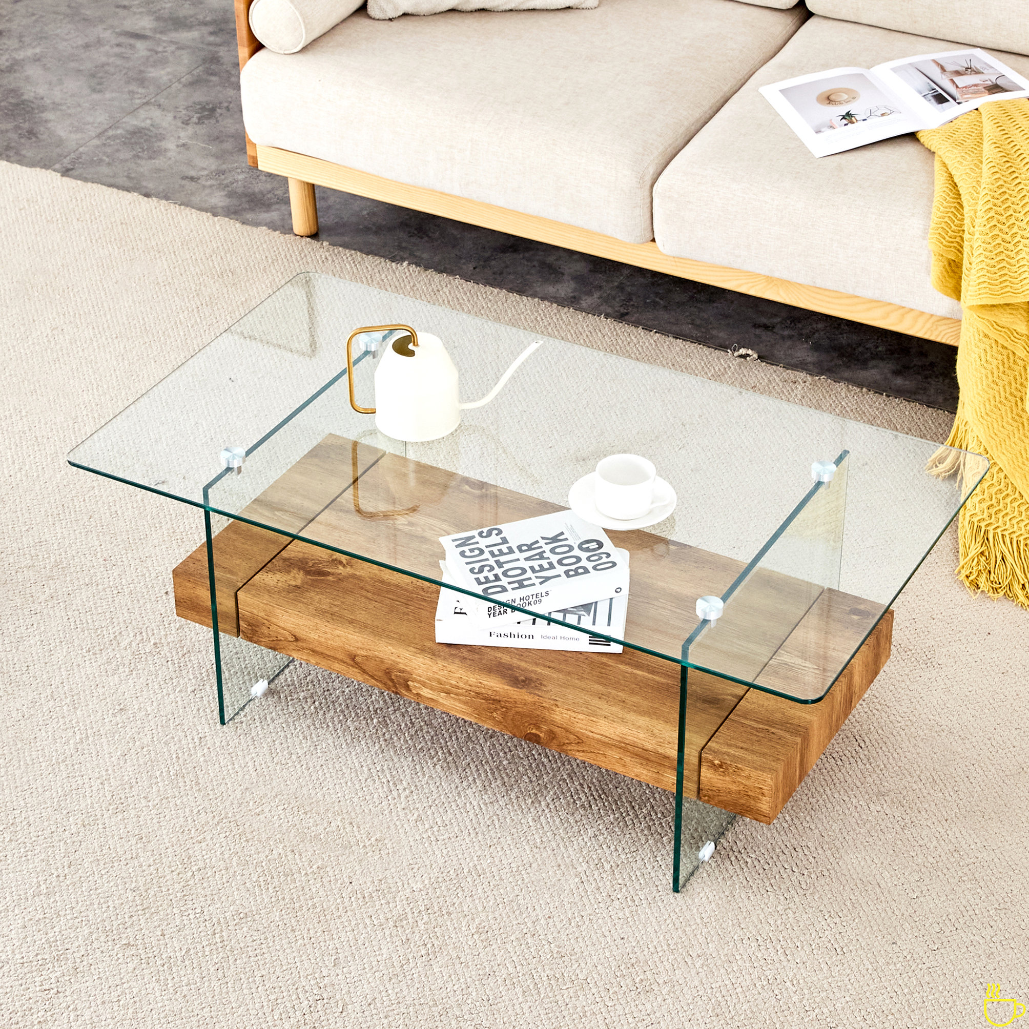 Ivy Bronx Double-Layer Coffee Table - Tempered Glass Tabletop And Table ...