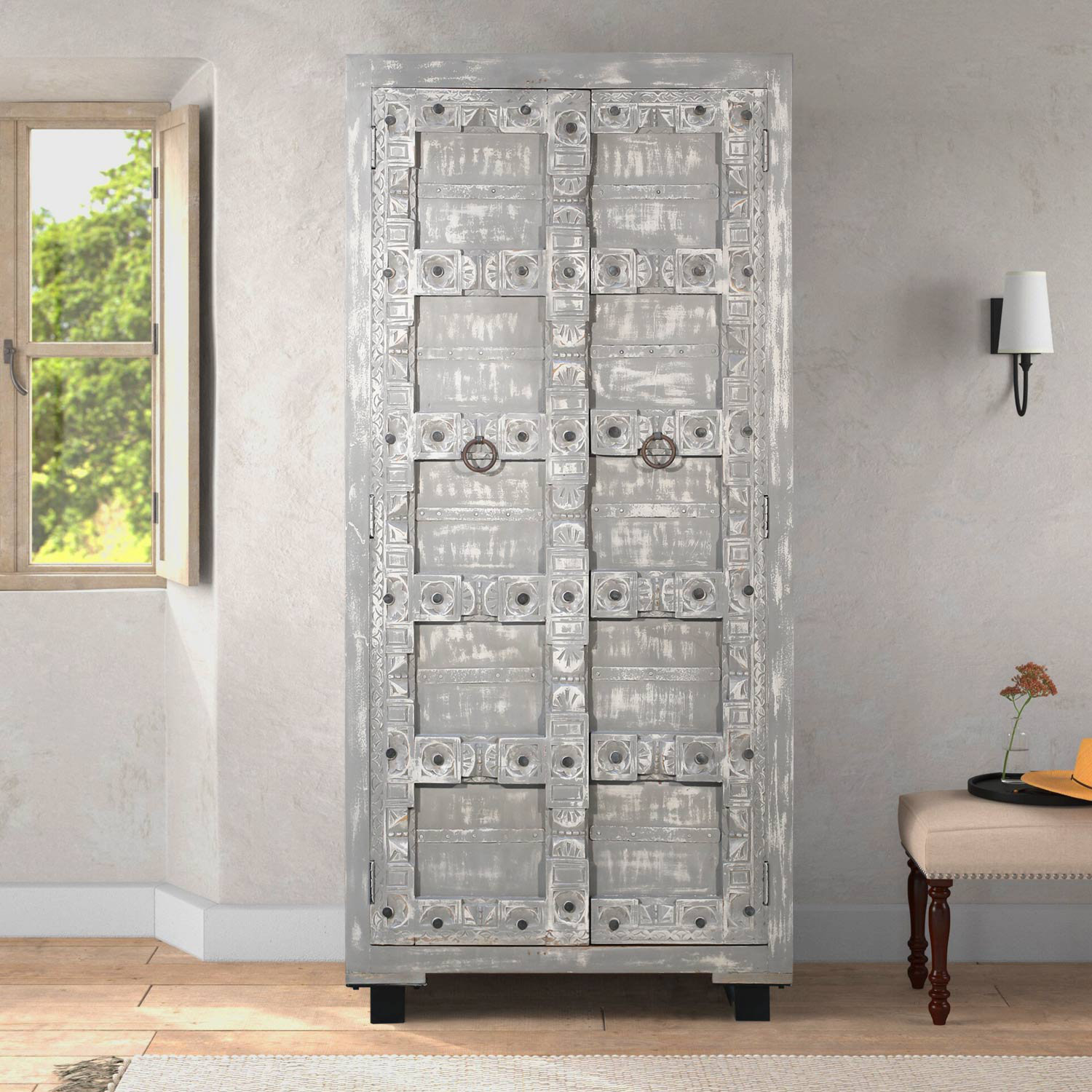 Far Pavilions Mid Century Modern Carved Mango Wood Gray Distressed ...