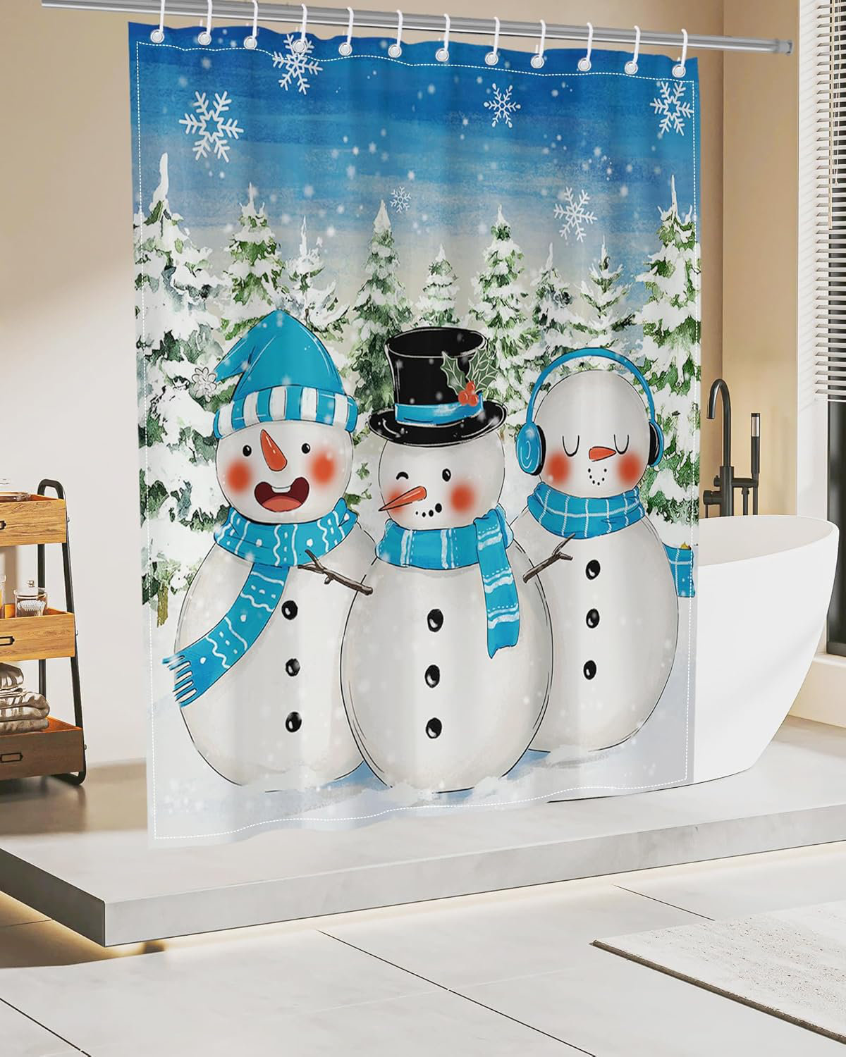 Ophelia & Co. Christmas Shower Curtain Snowman Pine Tree Forst Blue ...