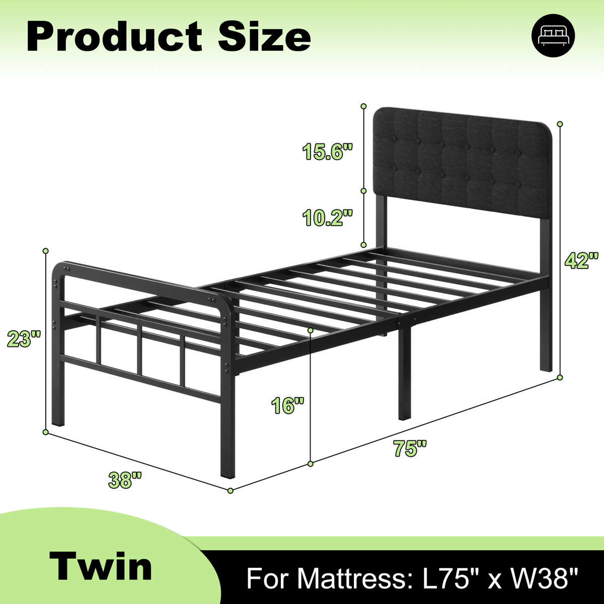 17 Stories 16 Inch Bed Frame with Black Upholstered Headboard and Metal ...