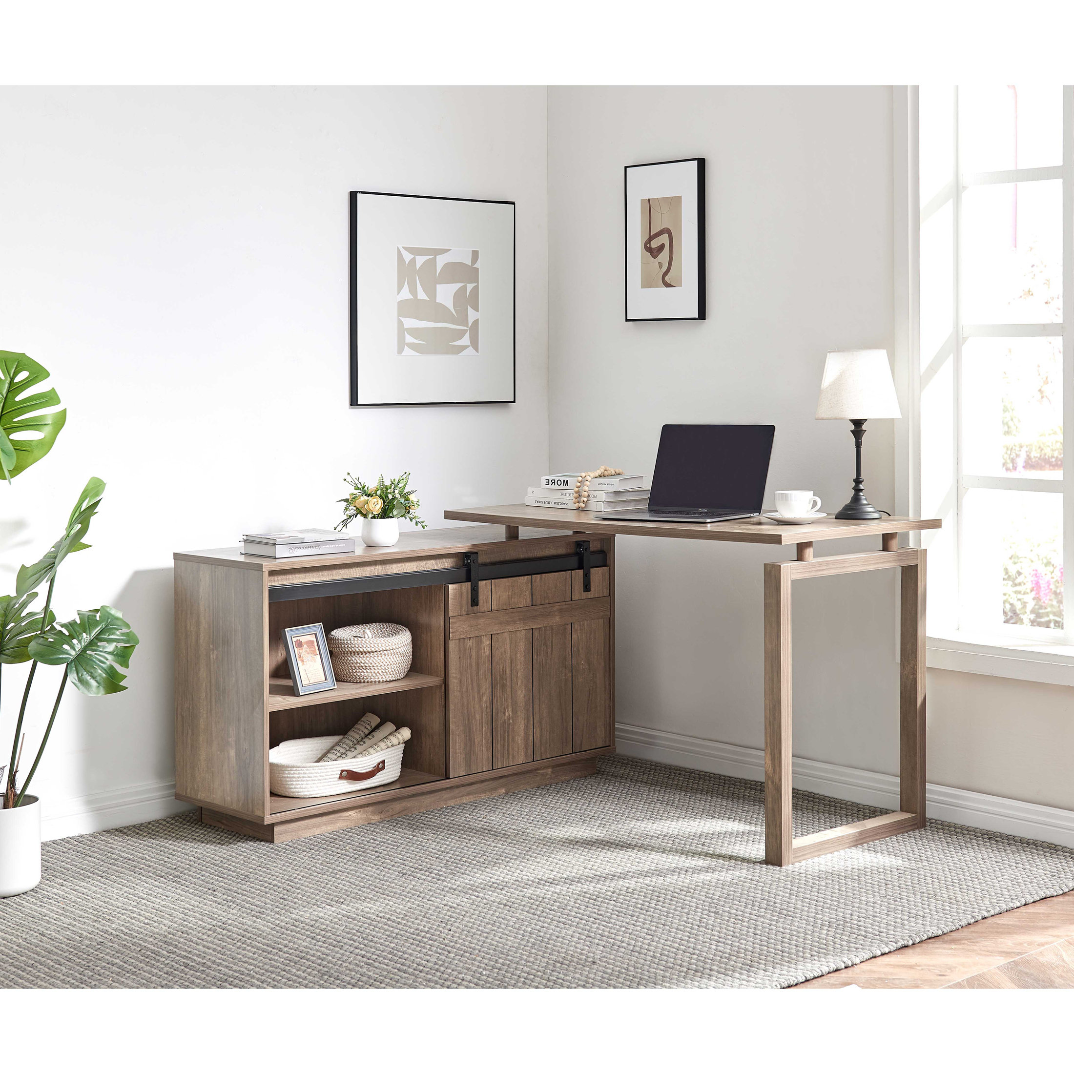 Gracie Oaks Modern L-Shaped Workstation with Sliding Barn Door ...