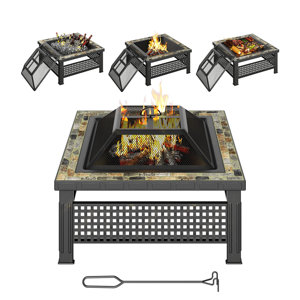 Arlmont & Co. 30 Inch Fire Pit, Square Outdoor Fire Pit Table With Mesh ...