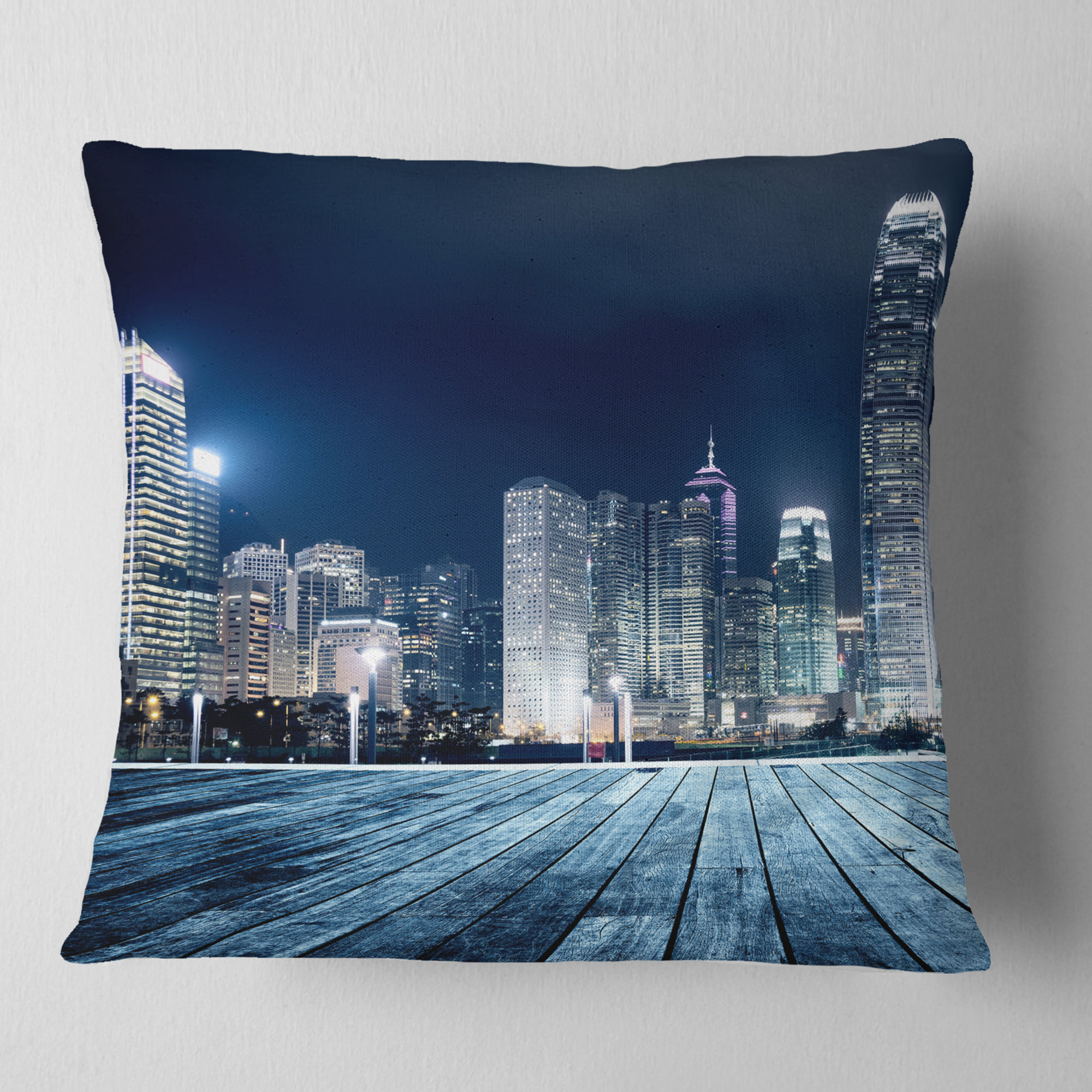 Design Art Blue Hong Kong City Skyline - Cityscape Printed Pillow | Wayfair