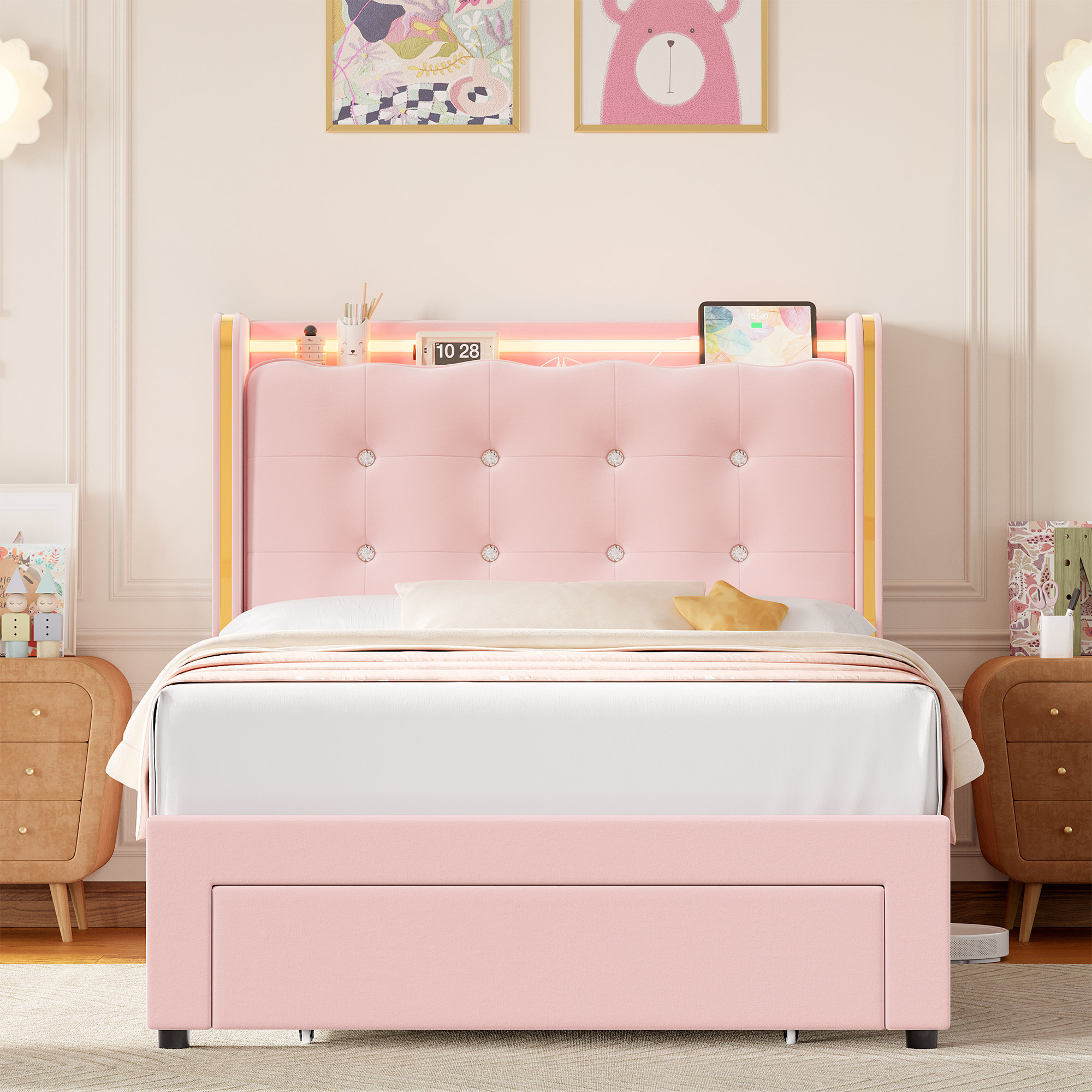 HOMECHO Pink Velvet LED Bed Frame With Storage Drawers - Smart RGB ...