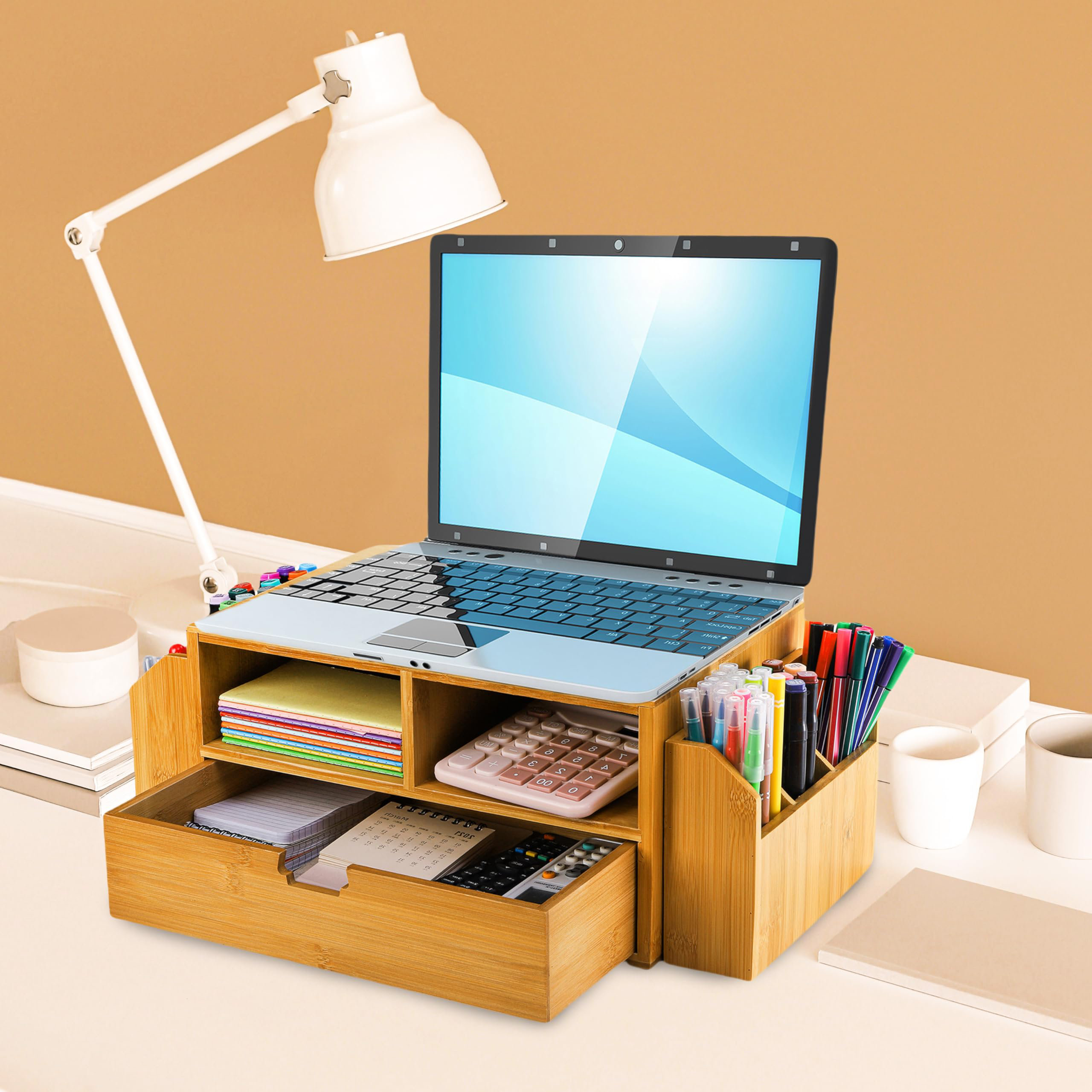 hongzhi 2 Tier Bamboo Desktop Organizer, Desk Monitor Stand Riser With ...