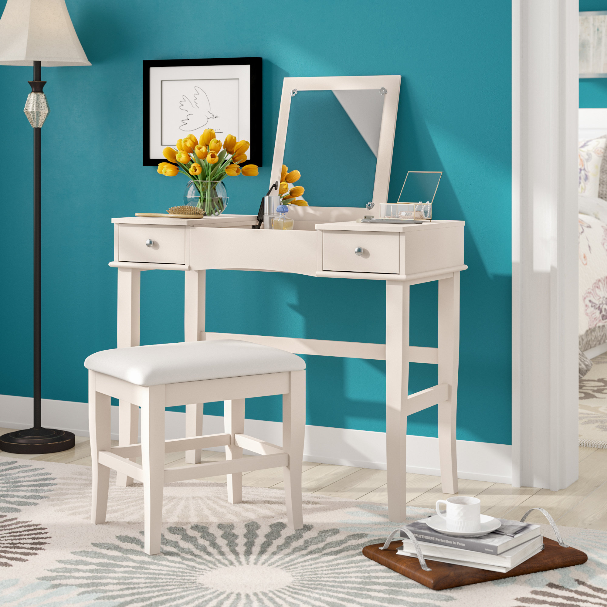 Red Barrel Studio Horigan 2 Drawer Mirror Vanity Set with Hidden ...