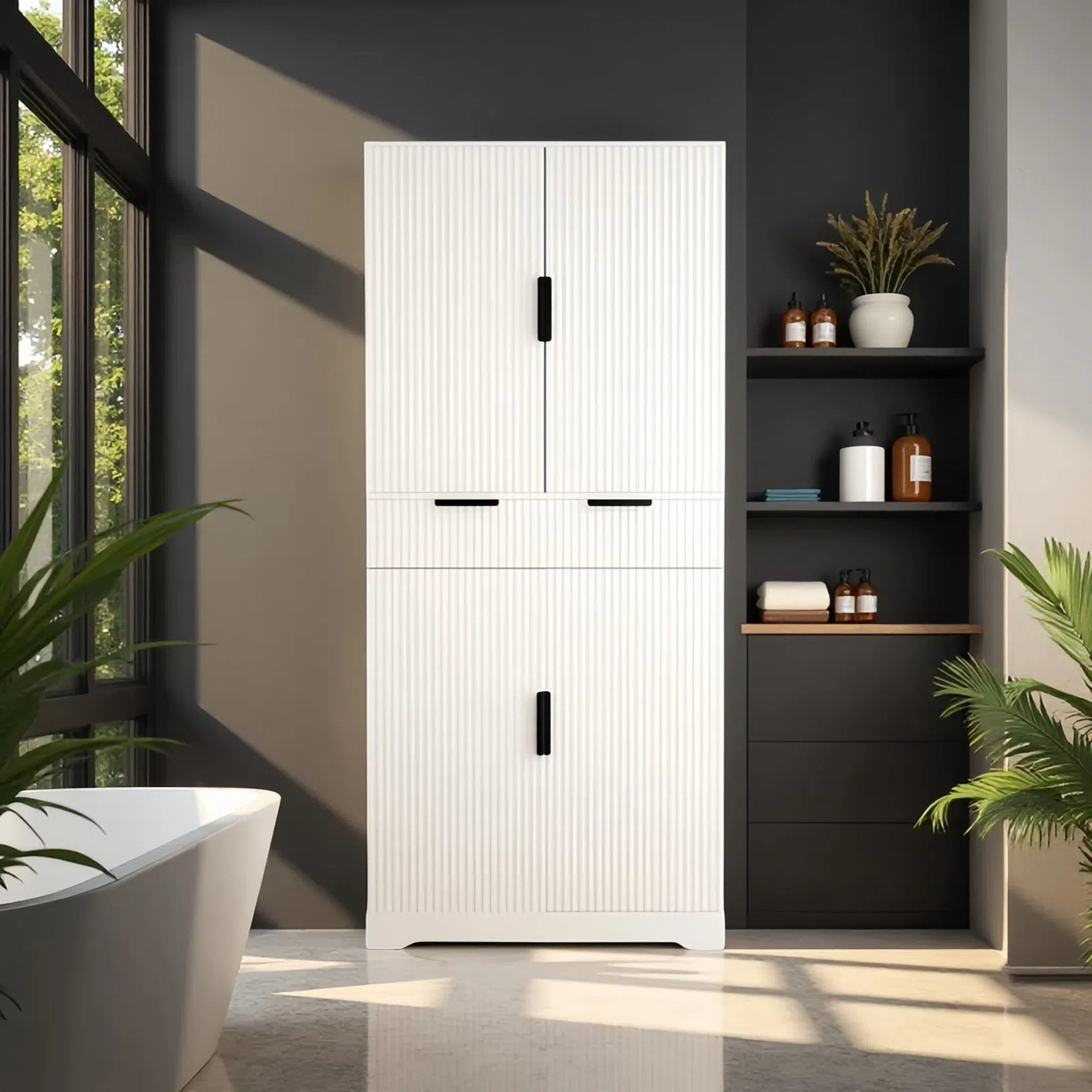 One Allium Way 72"H Bathroom Storage Cabinet With 3 Keyboard Drawers, 6 ...