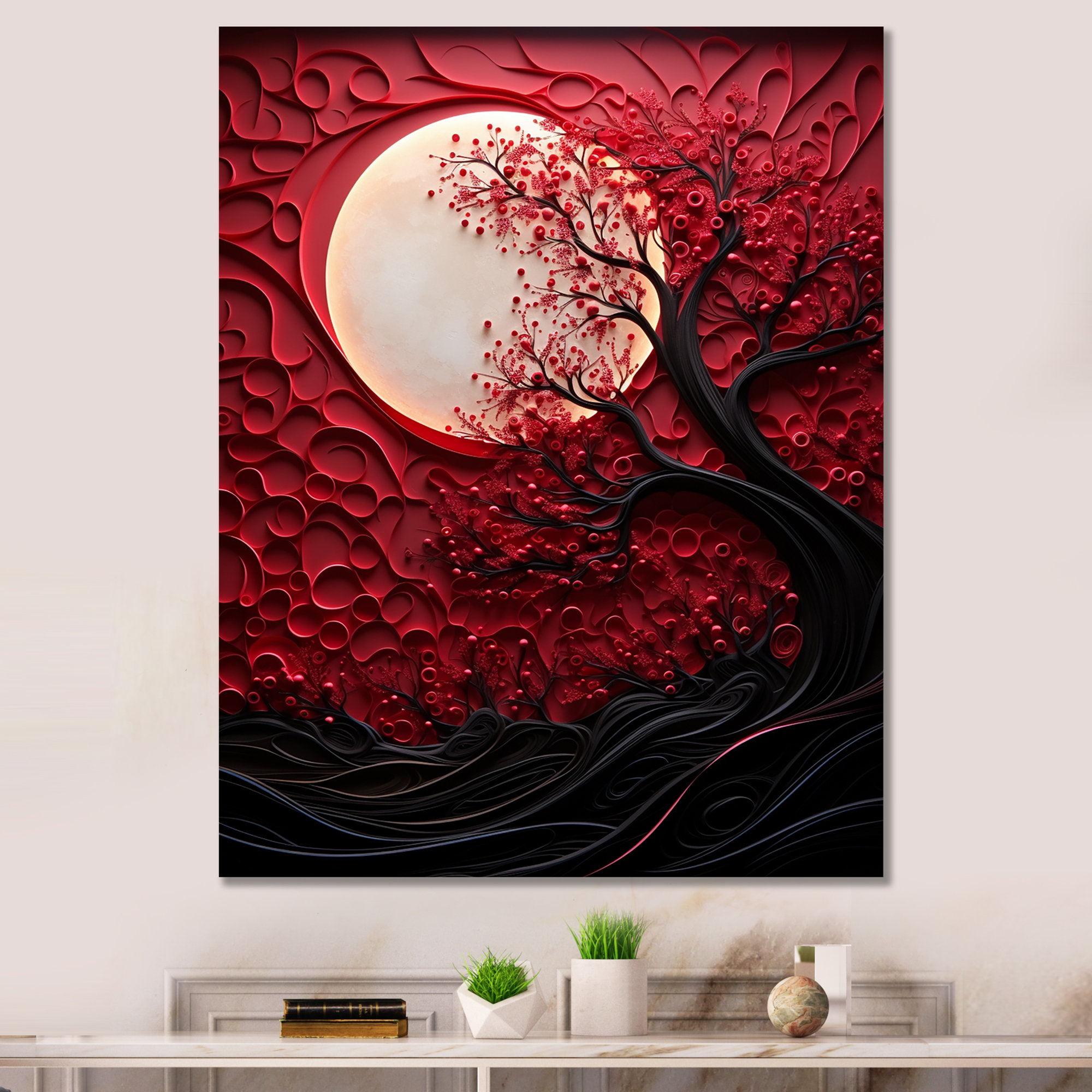 Design Art Red Moon Ruby Radiance - Moon Canvas Prints | Wayfair