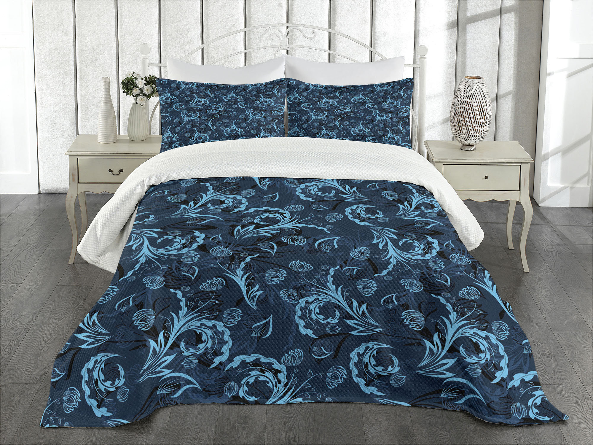 Ambesonne Blue Bedspread Set Damask Inspired Abstract Indigo Aqua | Wayfair