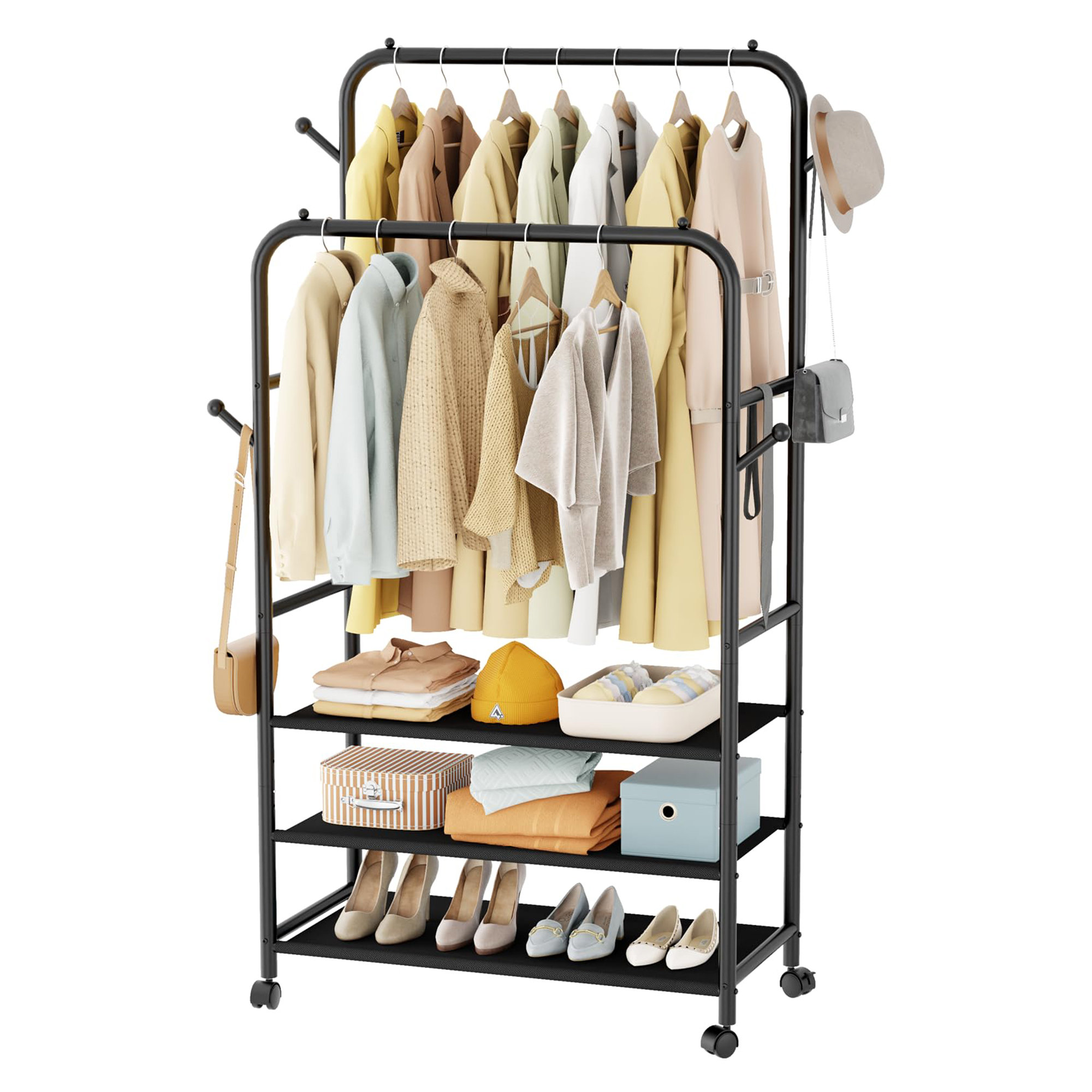 Rebrilliant Double Rods Clothing Garment Rack with Wheels and 3-Tier ...