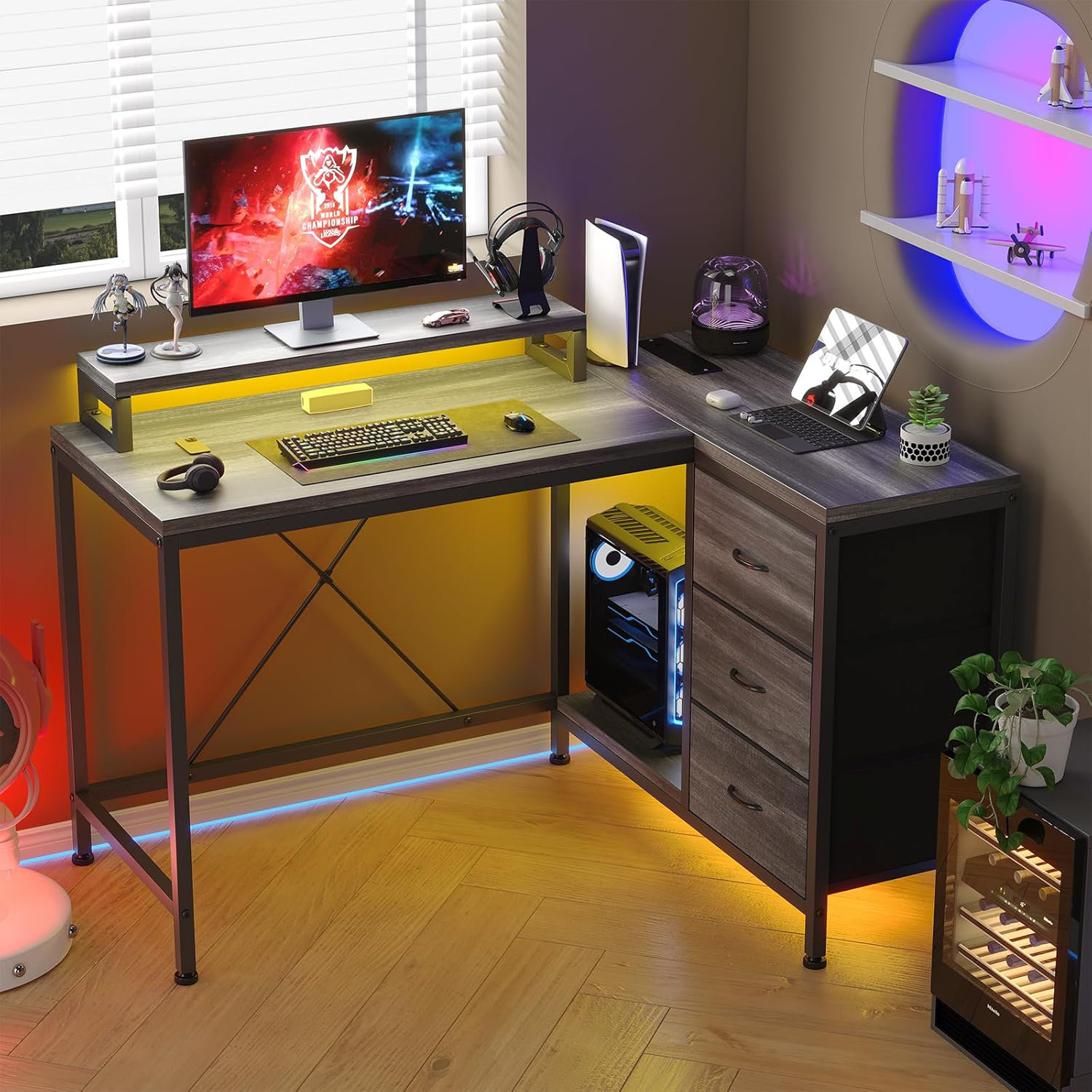 Wrought Studio™ L Shaped Desk With Power Outlets & LED Lights, Computer ...