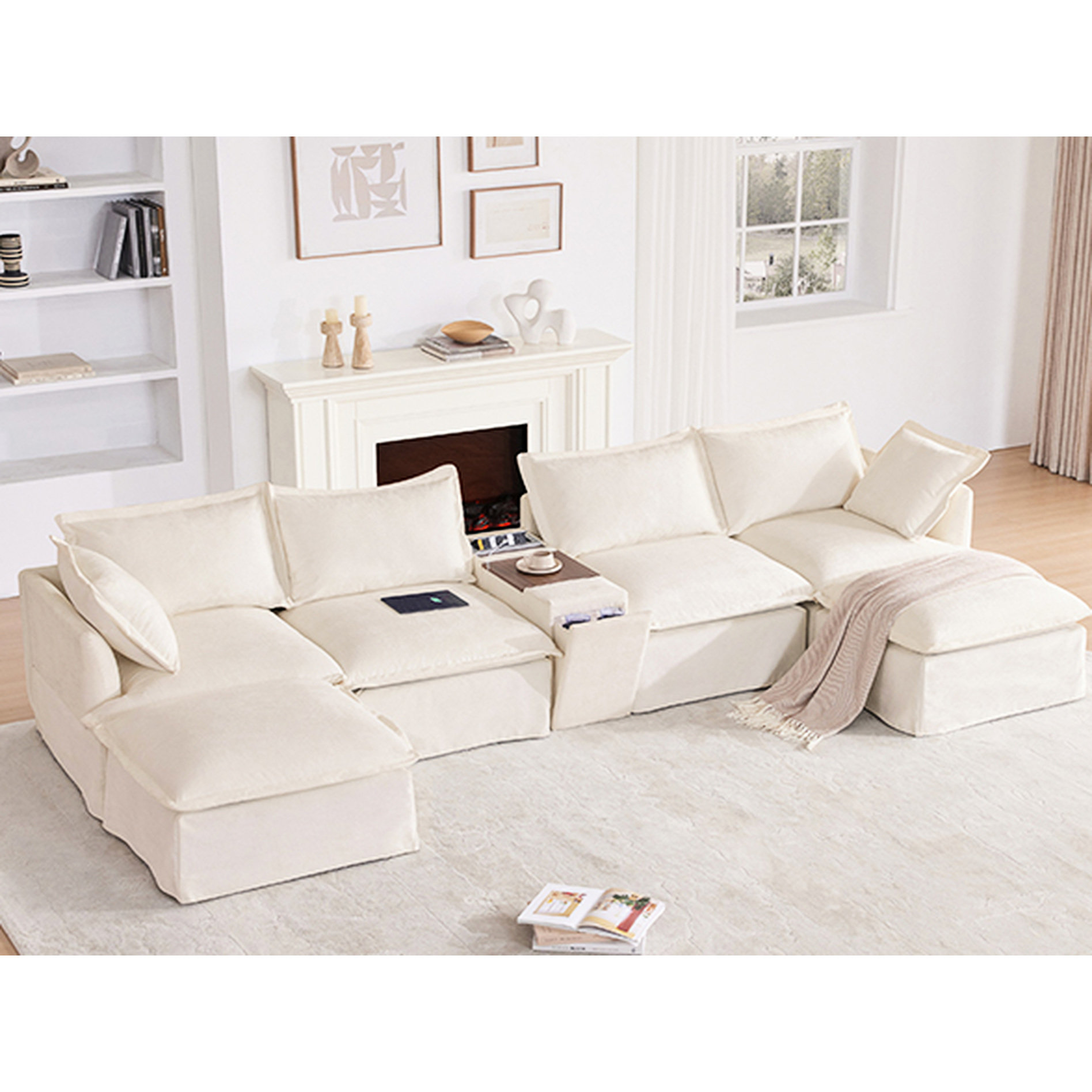 Hokku Designs 131'' With Movable Ottomans And Console, Hidden Cup ...