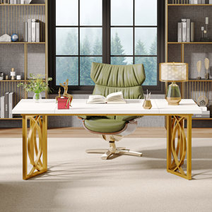 Mercer41 Ahnyia 70.87'' W Large Computer Desk, White and Gold Executive ...