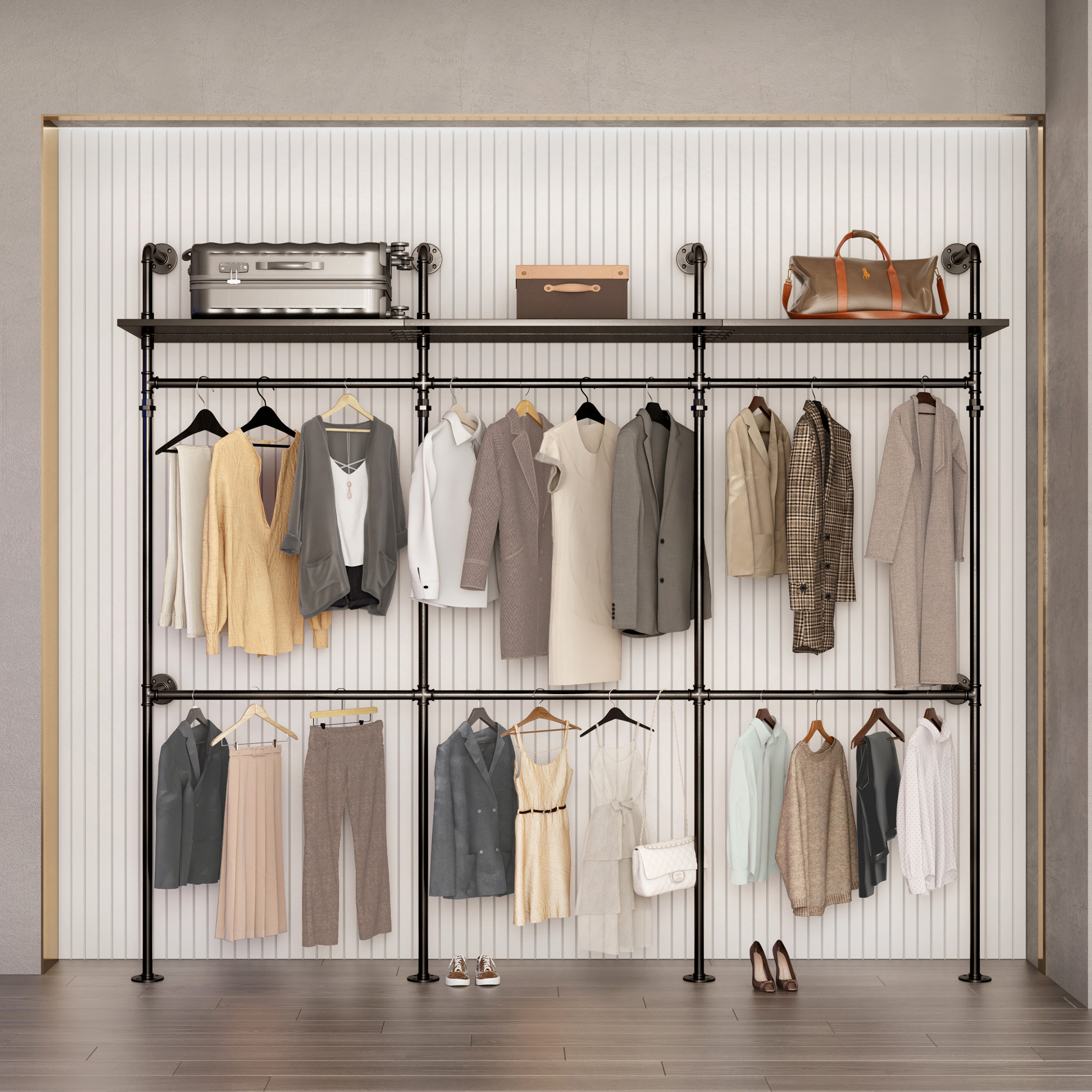 17 Stories Industrial Pipe Clothing Rack, Reversible 118.3"Clothes Rack ...