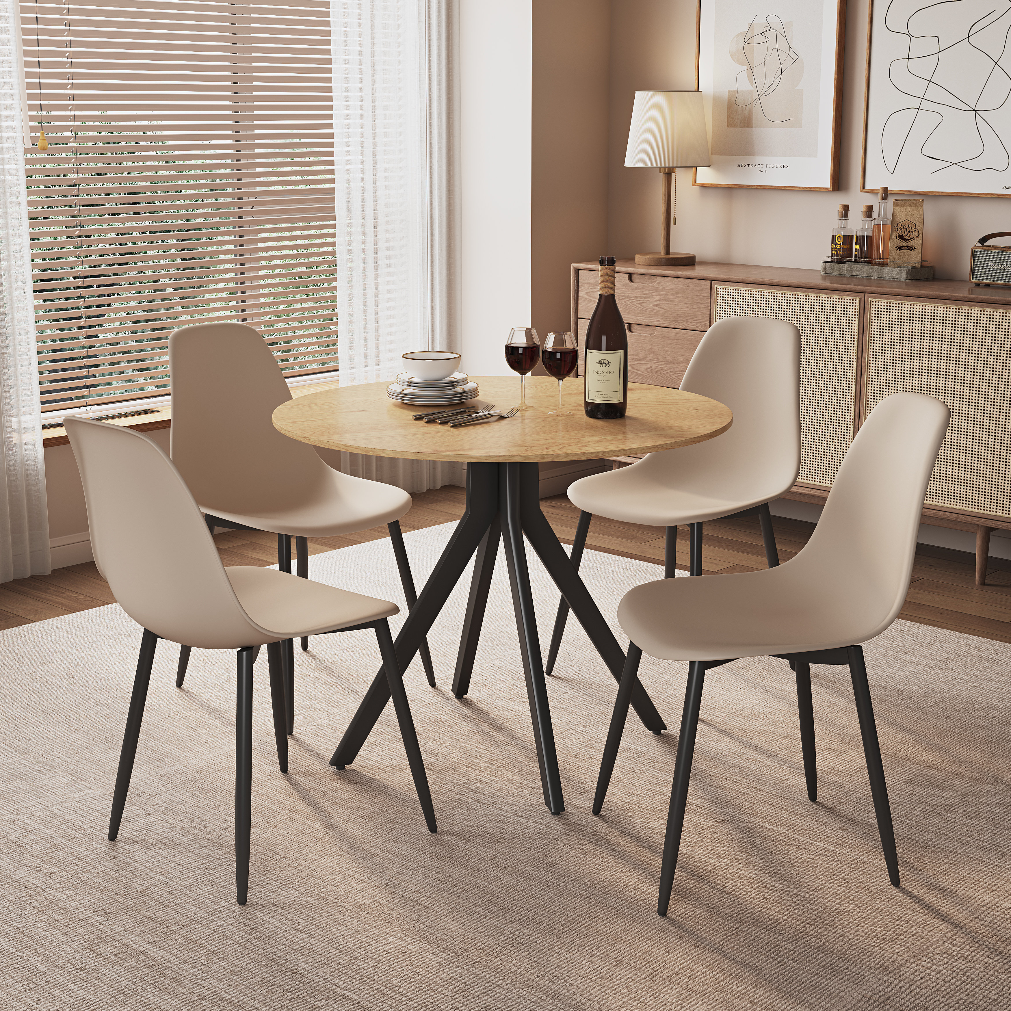 George Oliver Aspen Light Oak Round Table and 4 Curve Plastic Chairs ...