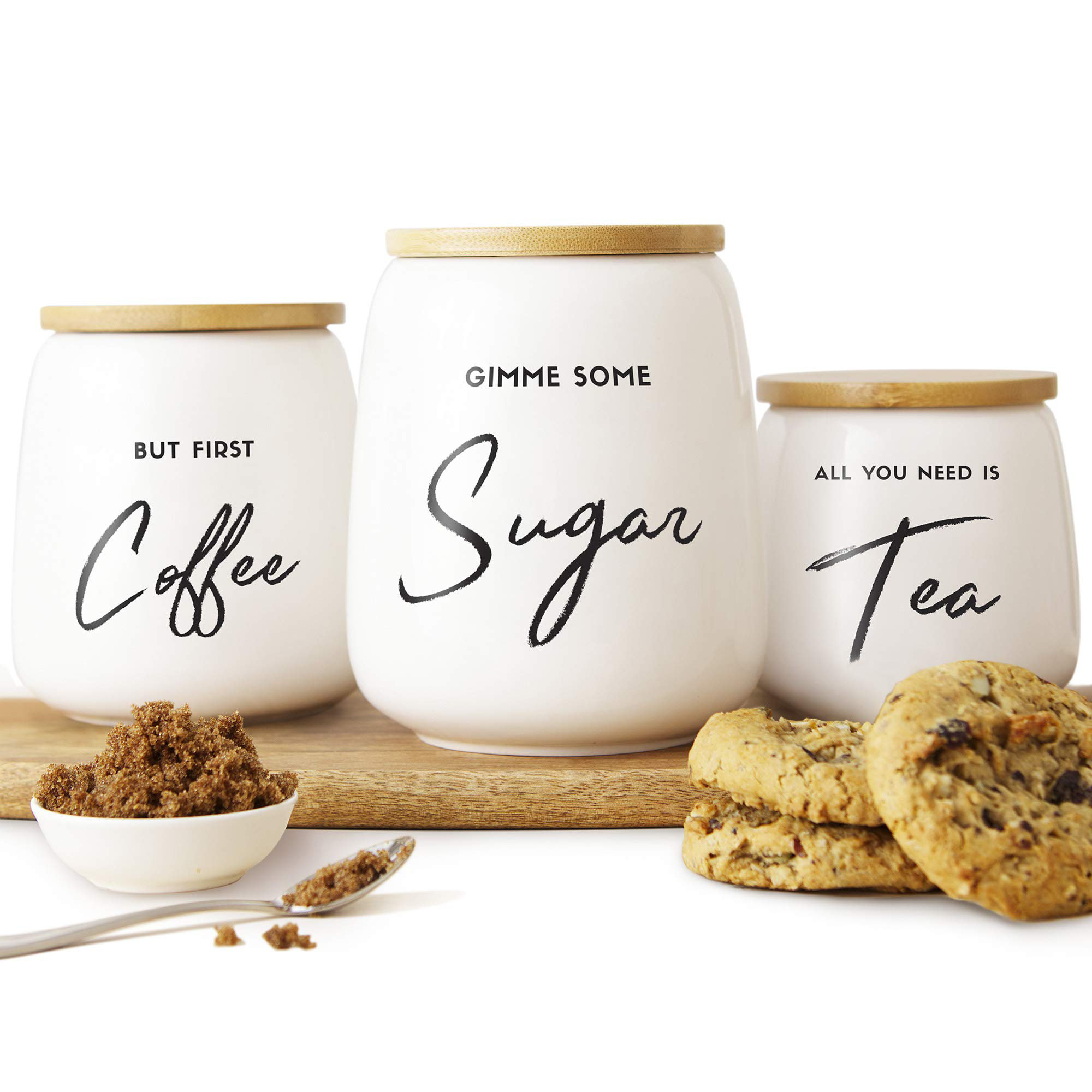 Gracie Oaks Coffee Tea And Sugar Ceramic Canister Set - 3-Piece Airtight Kitchen Canisters For ...