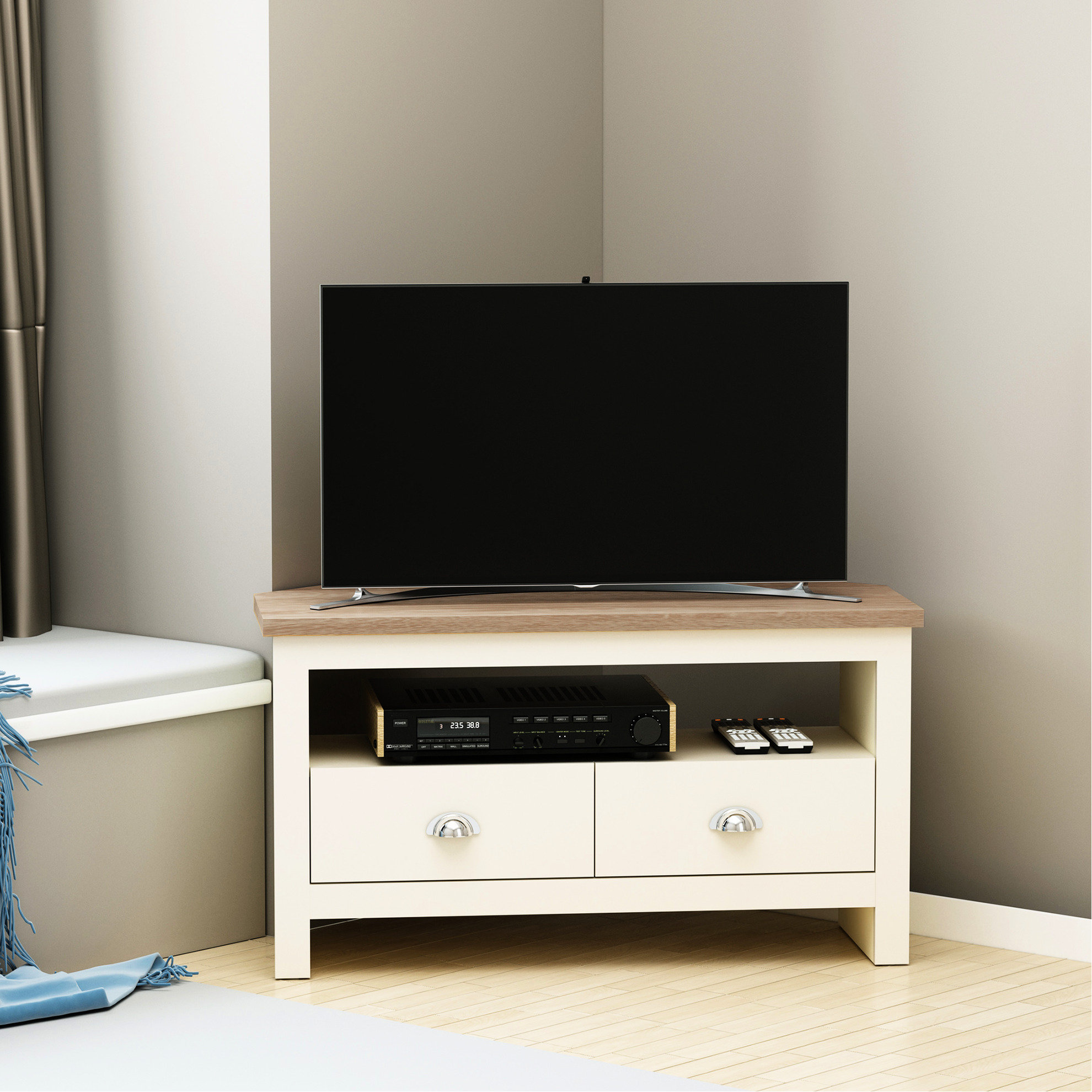 Ebern Designs White Tv Stand For Corner Area, With Drawers And Open ...