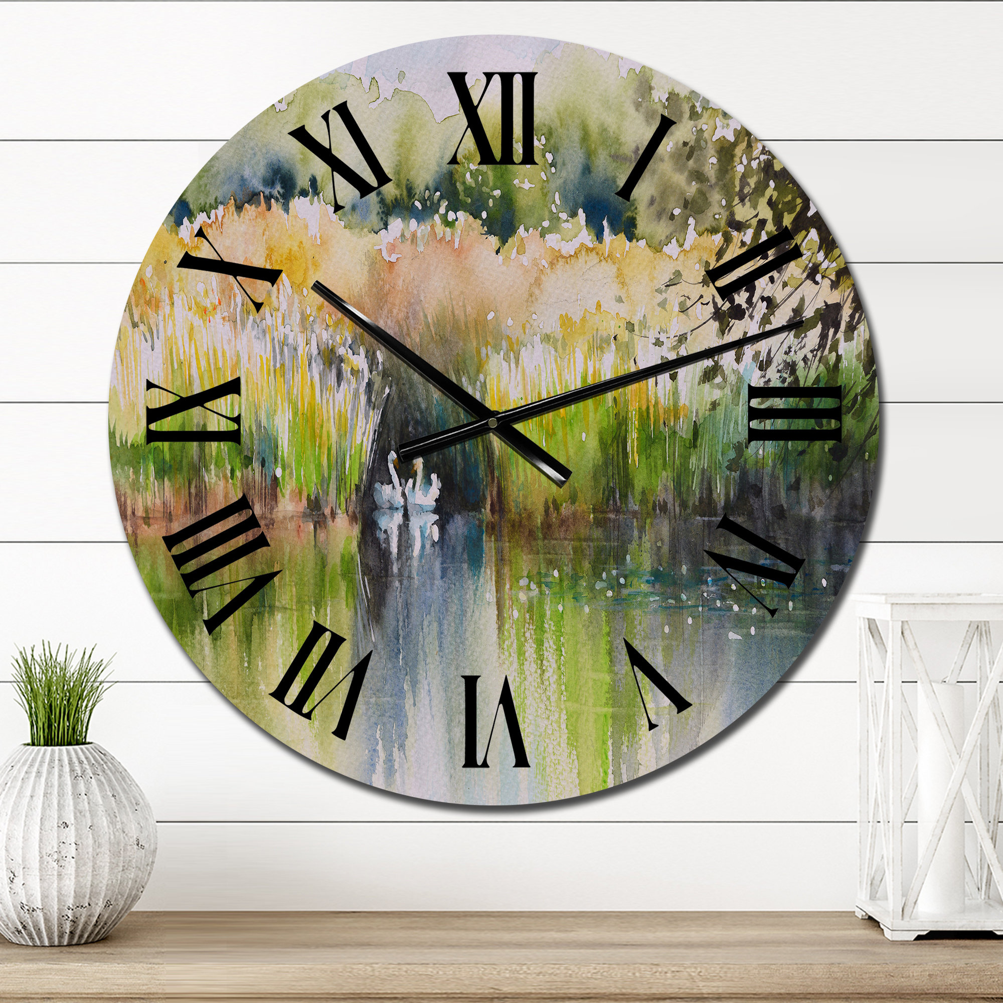 East Urban Home Two Swans in the Pond - Traditional Wall Clock | Wayfair
