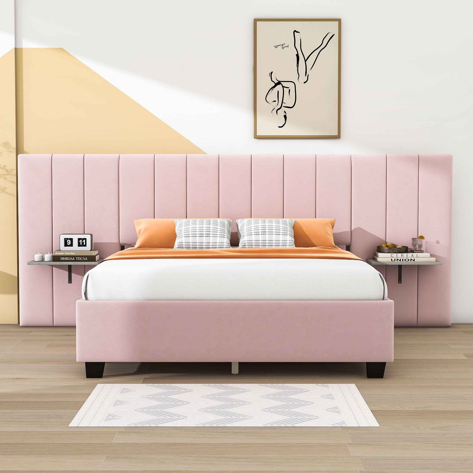 Latitude Run® Peg Upholstered Platform Bed with Headboard and Shelves ...