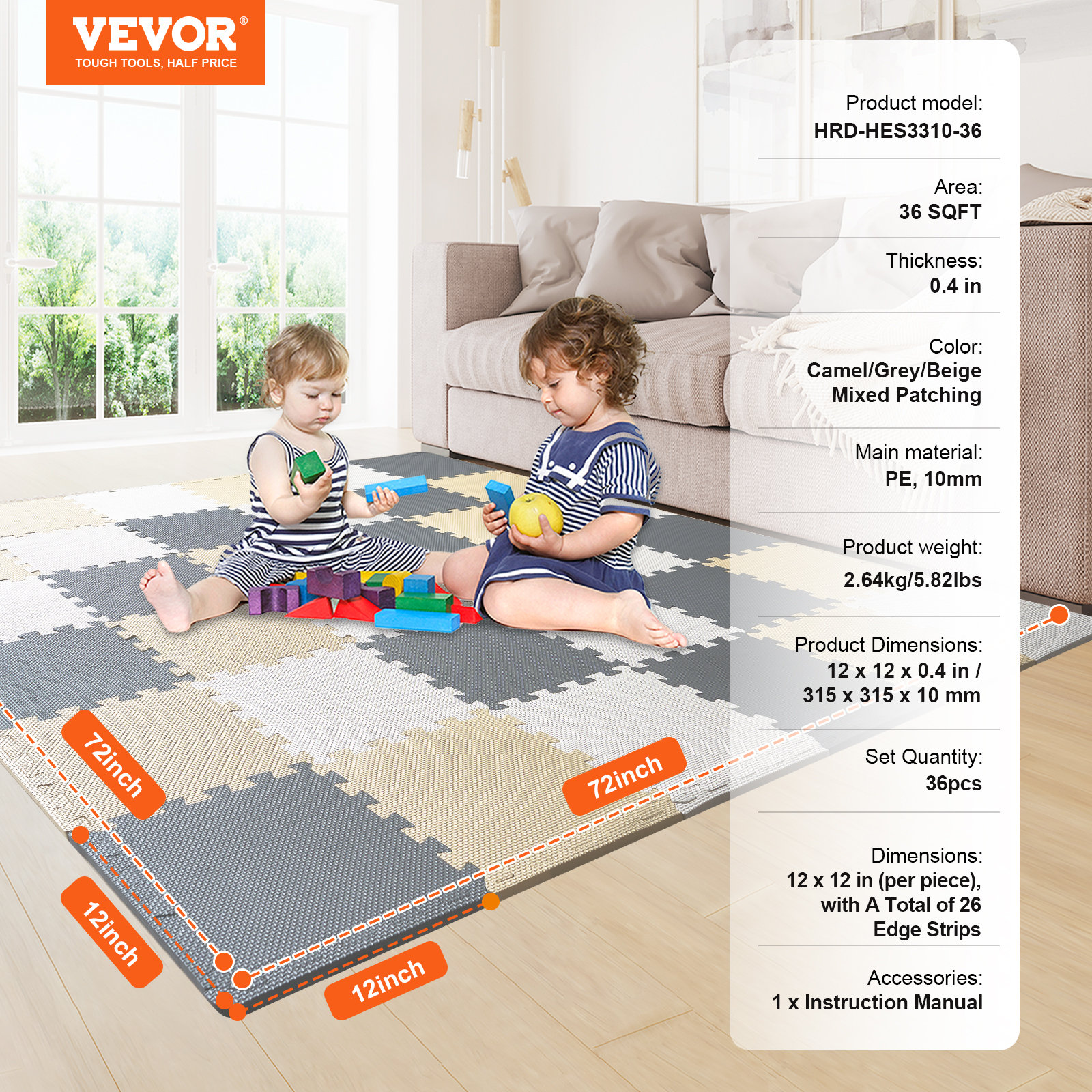 VEVOR Kids Foam Puzzle Floor Playmat 0.4 in 36 Pcs Interlocking EVA ...