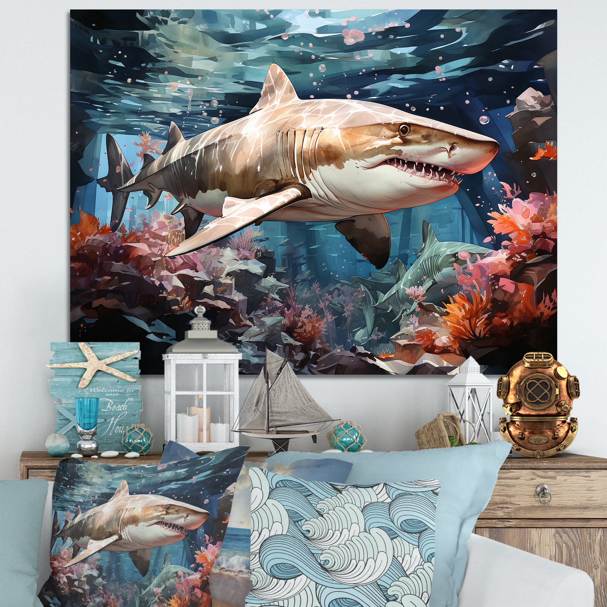 Design Art Silent Hunter Sharks Portrait I - Beach & Ocean Wall Art ...