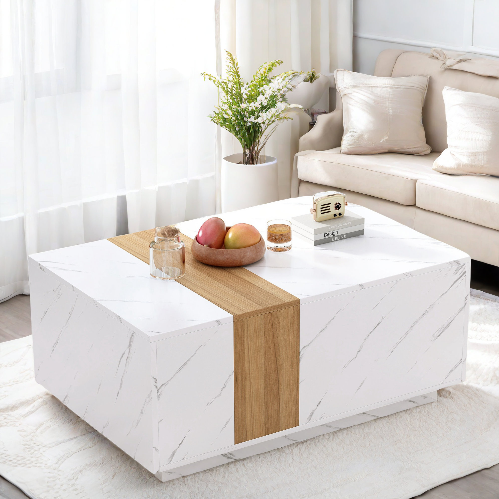 Wrought Studio Two-tone Coffee Table With Faux Marble, Walnut Wood ...
