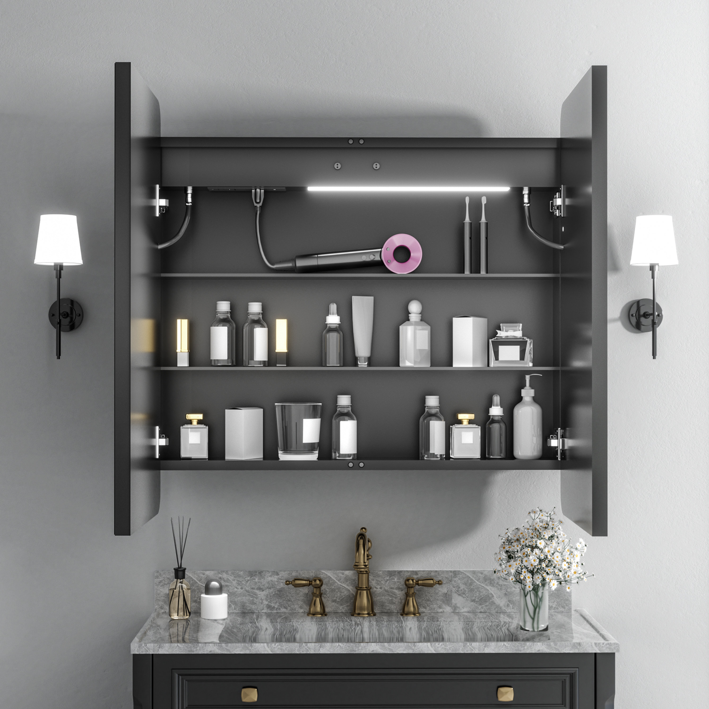 Ivy Bronx Rectangular Iron Medicine Cabinet With Mirror, Dimmable Rgb ...