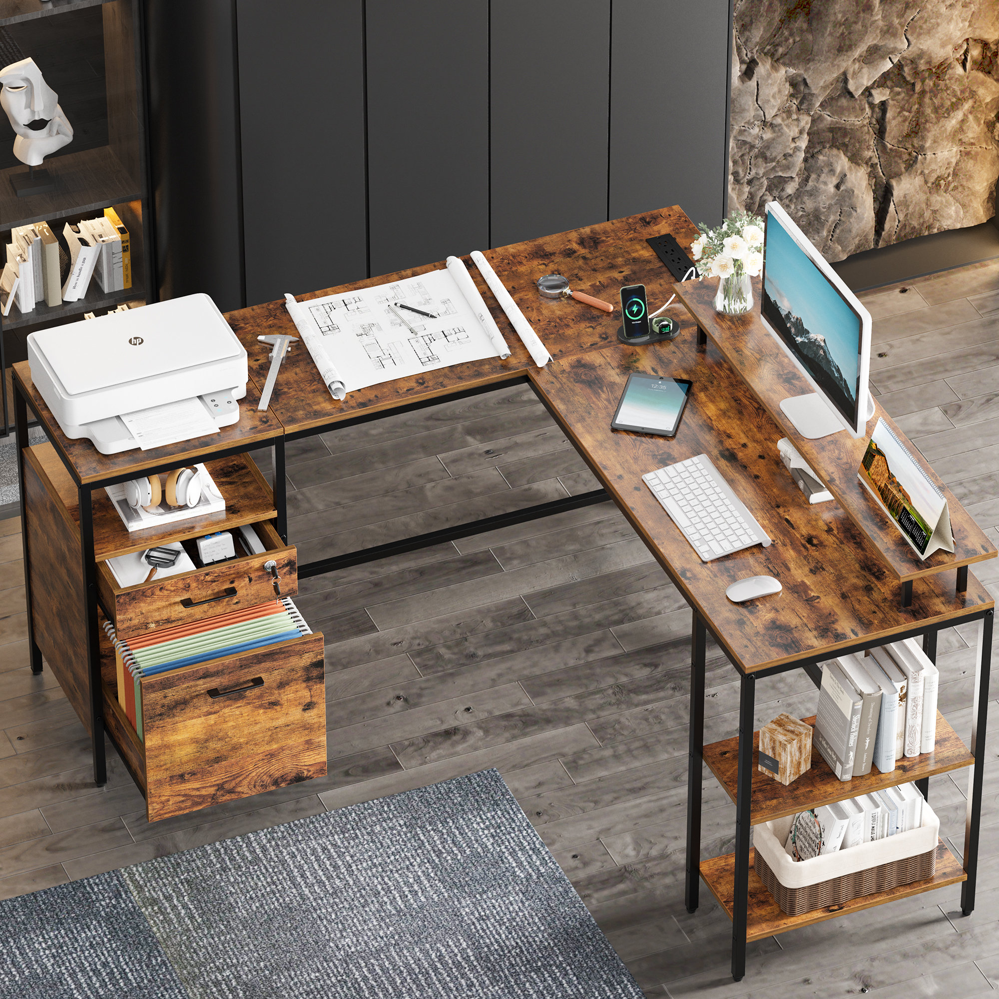 Latitude Run® 55" L Shaped Reversible Computer Desk for Home Office ...