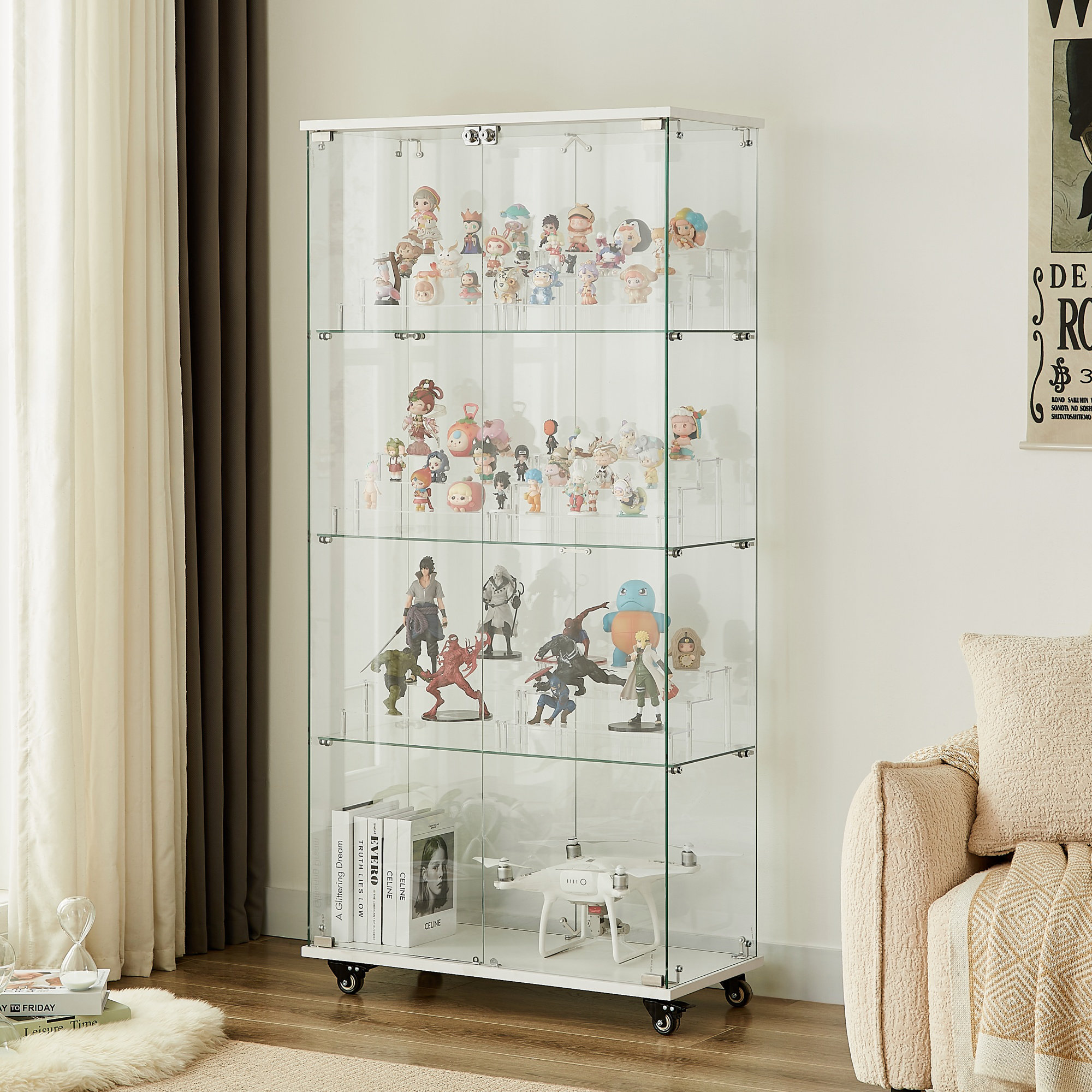 George Oliver 4 Tier Glass Display Cabinet, Double Door Glass Cabinet ...