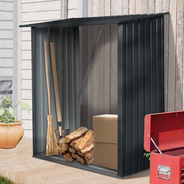 iYofe Outdoor Black Steel Firewood Rack - Open Wood Shed With Sloped ...