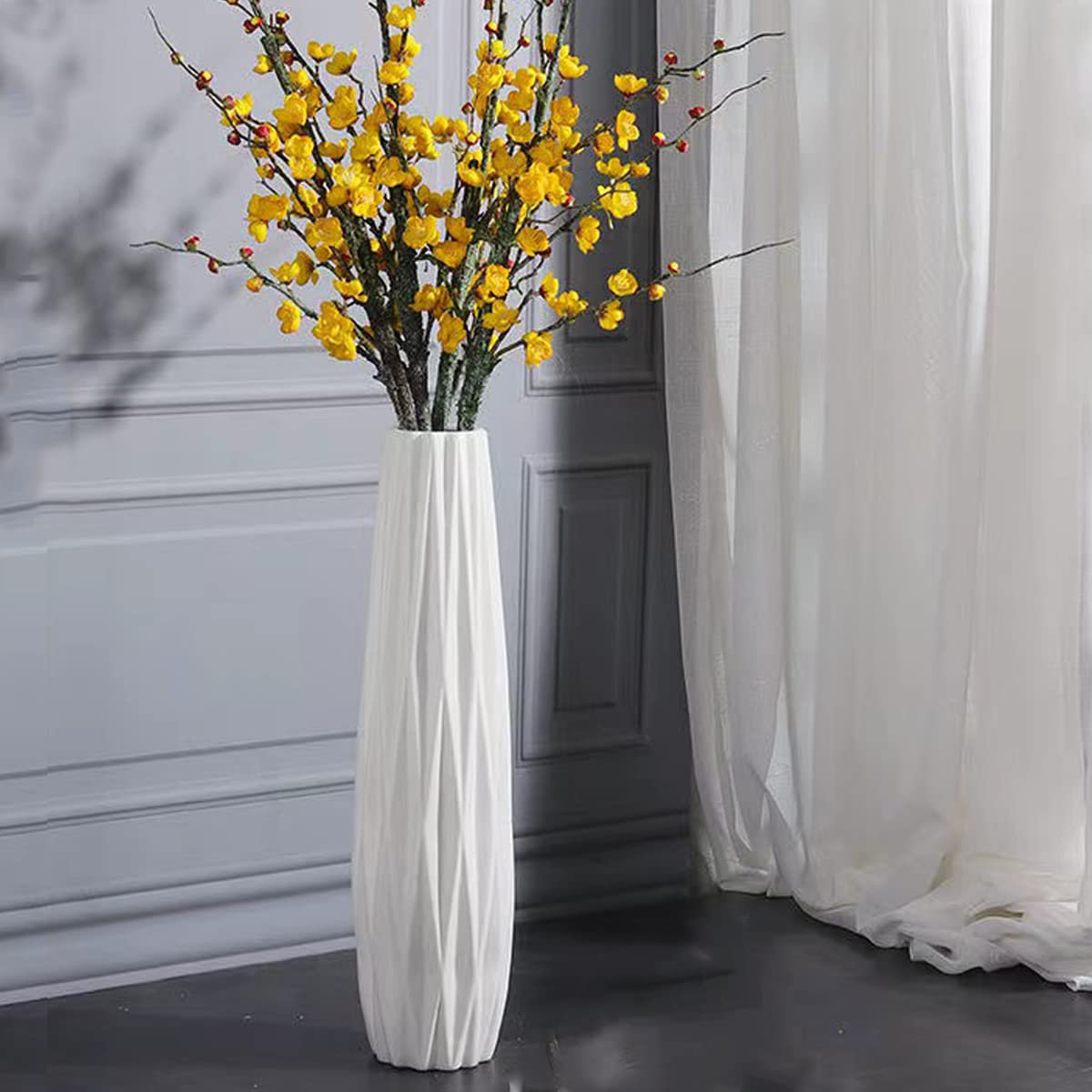 Ivy Bronx 17.7" White Ceramic Ten Striped Floor Vase - Large Decorative ...