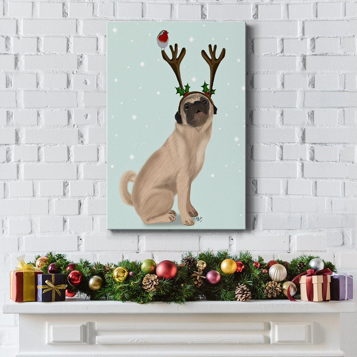 The Holiday Aisle® Christmas Pug With Antlers And Robin | Wayfair