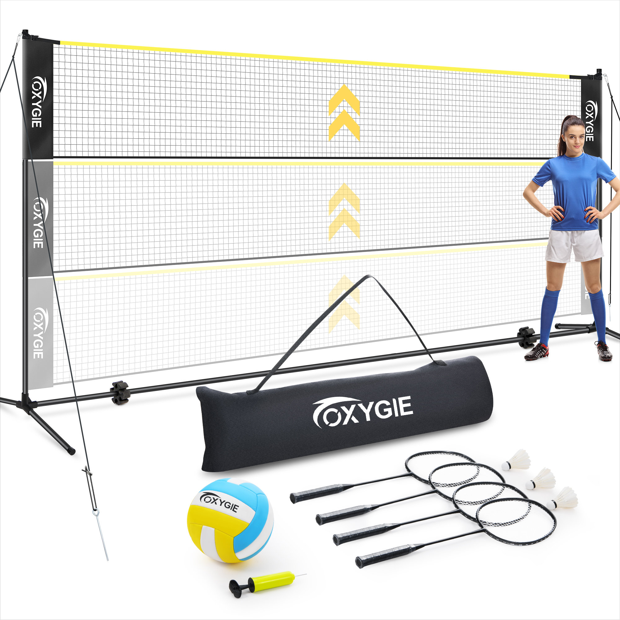OXYGIE 17 ft Portable Height Adjustable Badminton Pickleball Volleyball ...