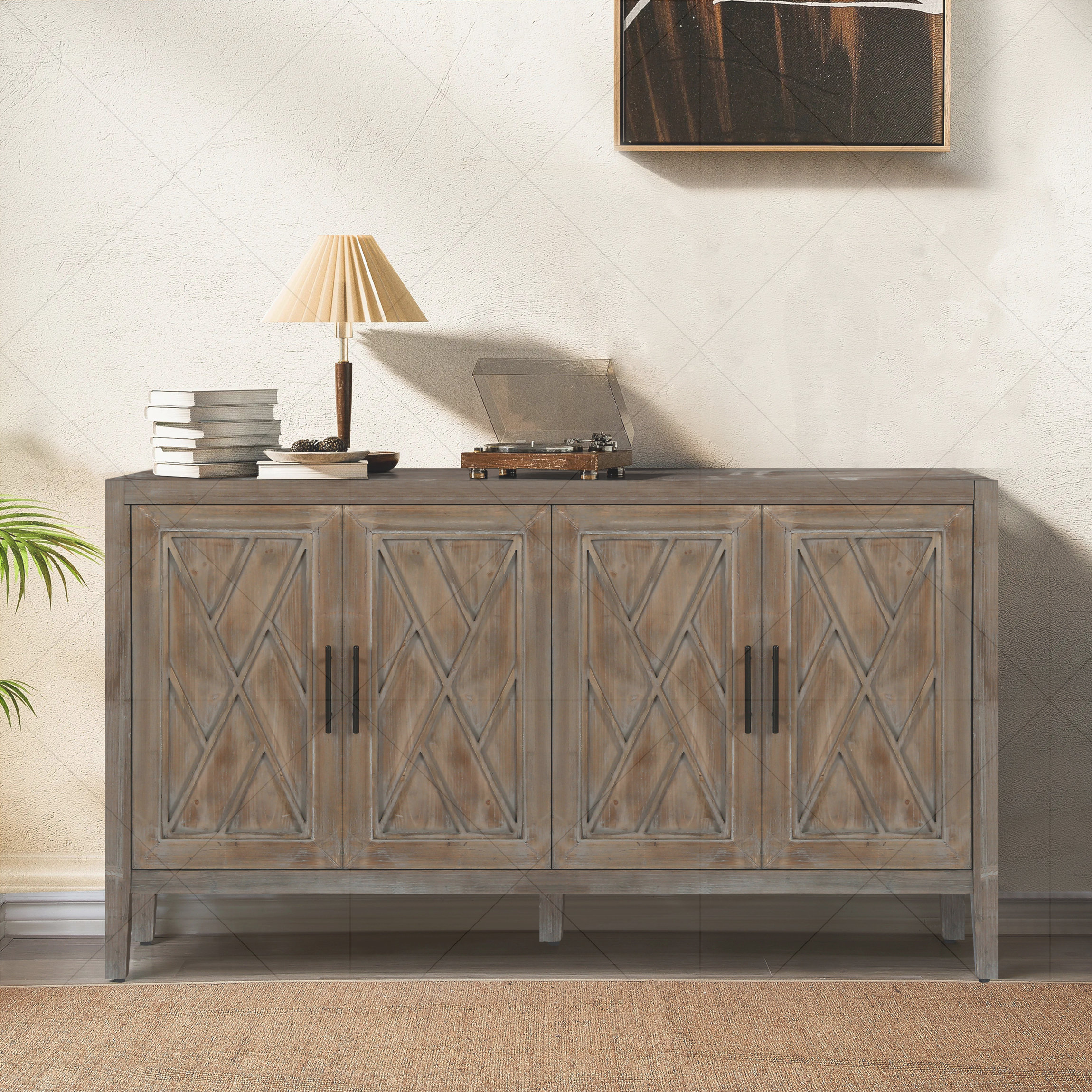 Gracie Oaks 60 inches Modern Farmhouse Accent Cabinet with 4 Doors and ...