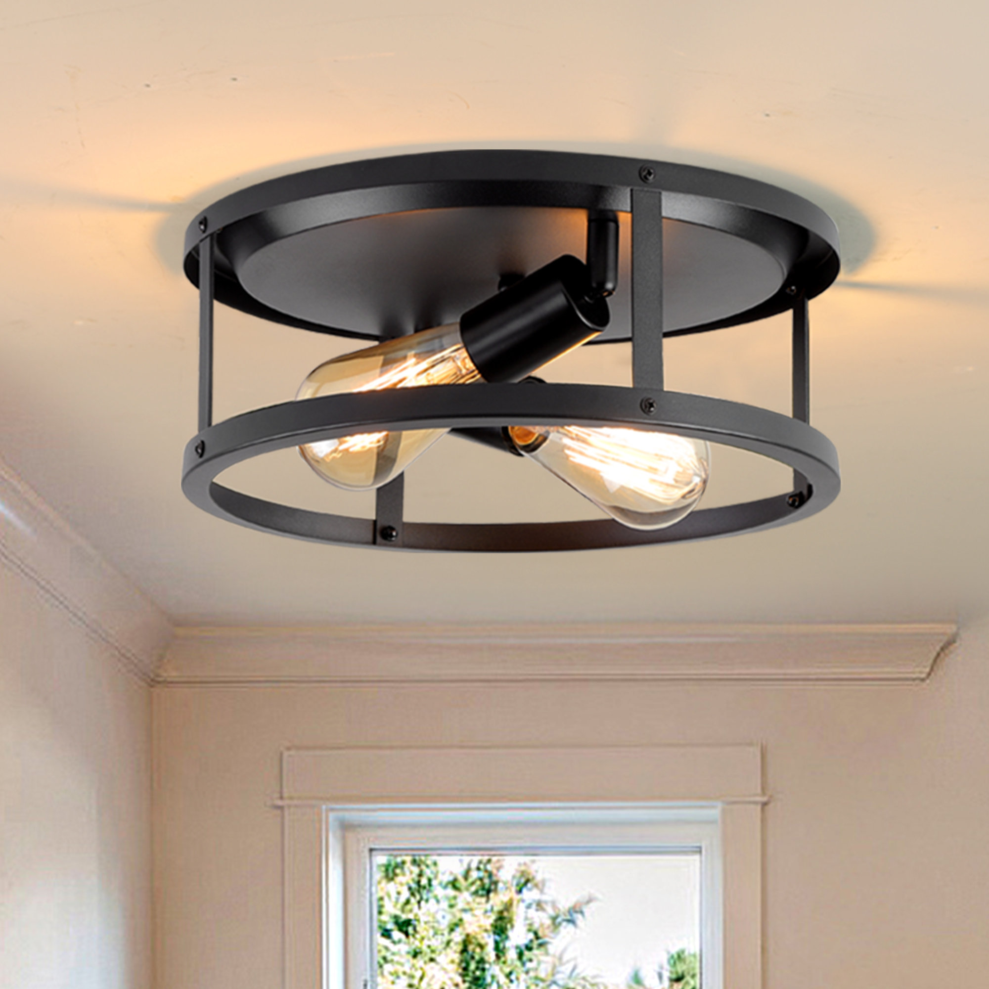 17 Stories 2-Lights Black Flush Mount Ceiling Light Fixtures With Cage ...