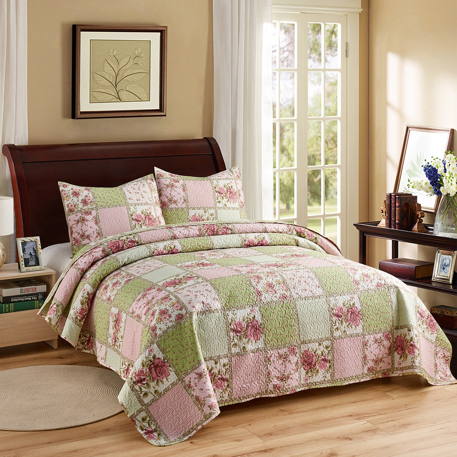 JML QSM04210203 Pink/Green Microfiber Reversible 3 Piece Quilt Set ...