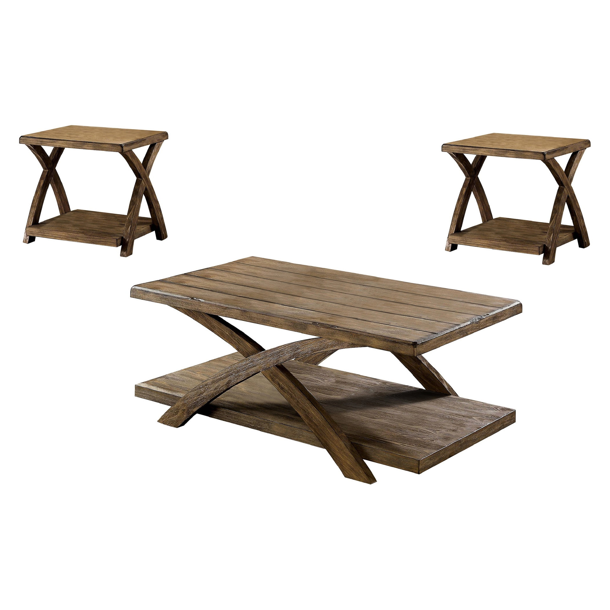 Gracie Oaks 3pc Table In Antique Style With Base: 1x Coffee And 2x End Tables Plank Top Oak Open ...