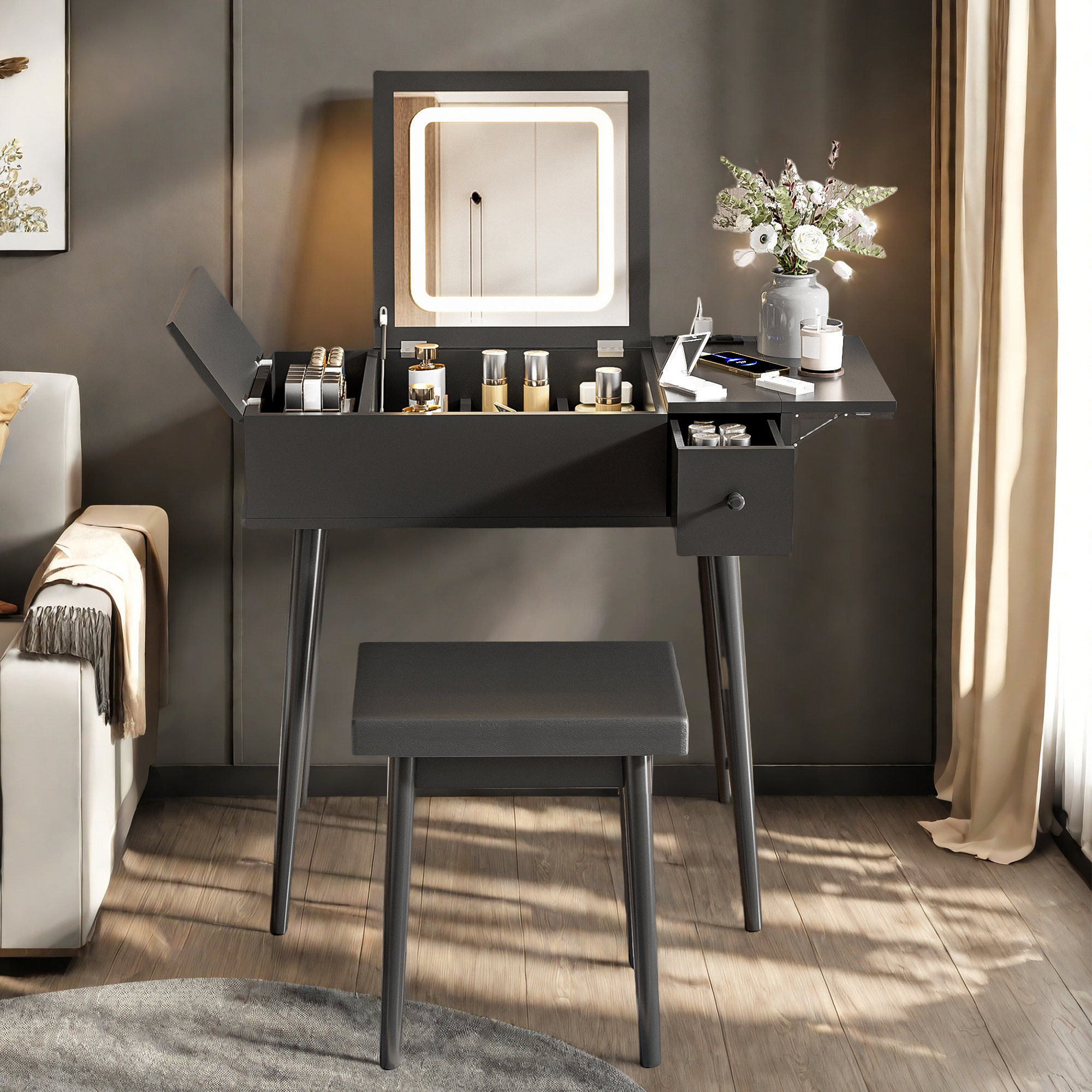 George Oliver Modern Black Makeup Vanity Desk With Flip Top Mirror, LED ...