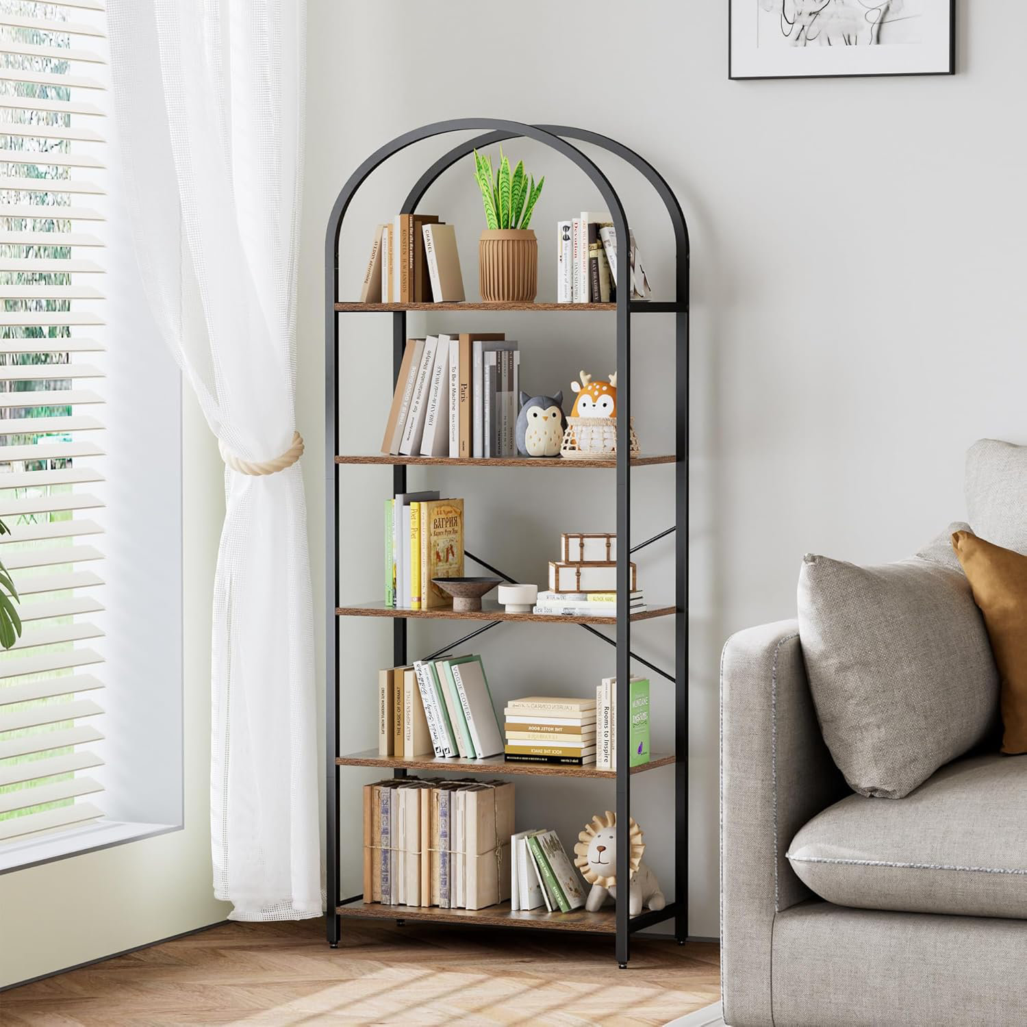 17 Stories 5-Tier Bookshelf Arched Display Racks Wood And Metal ...