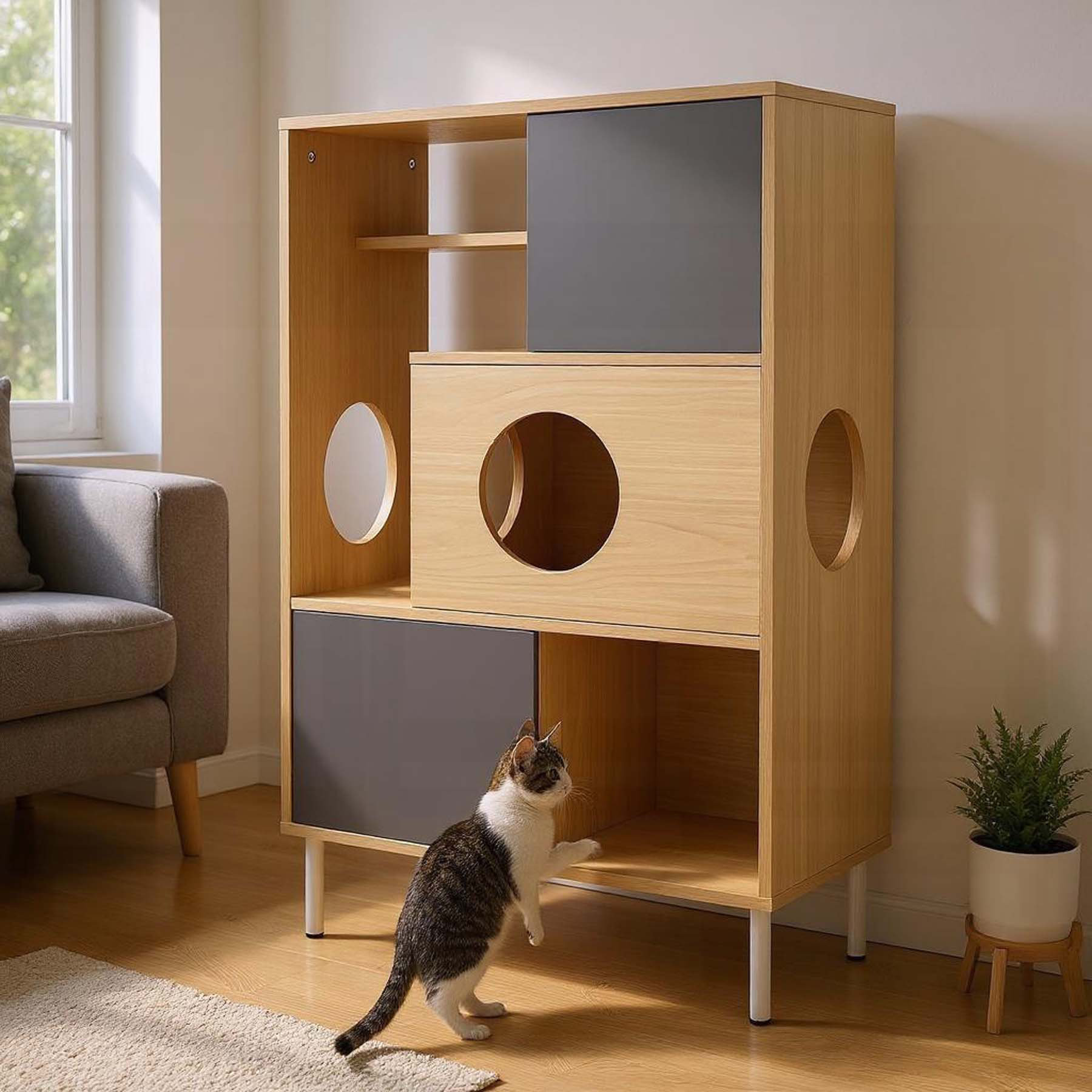 Corrigan Studio 2 IN 1 Modern Cat Tree Bookshelf with Storage, Wood ...