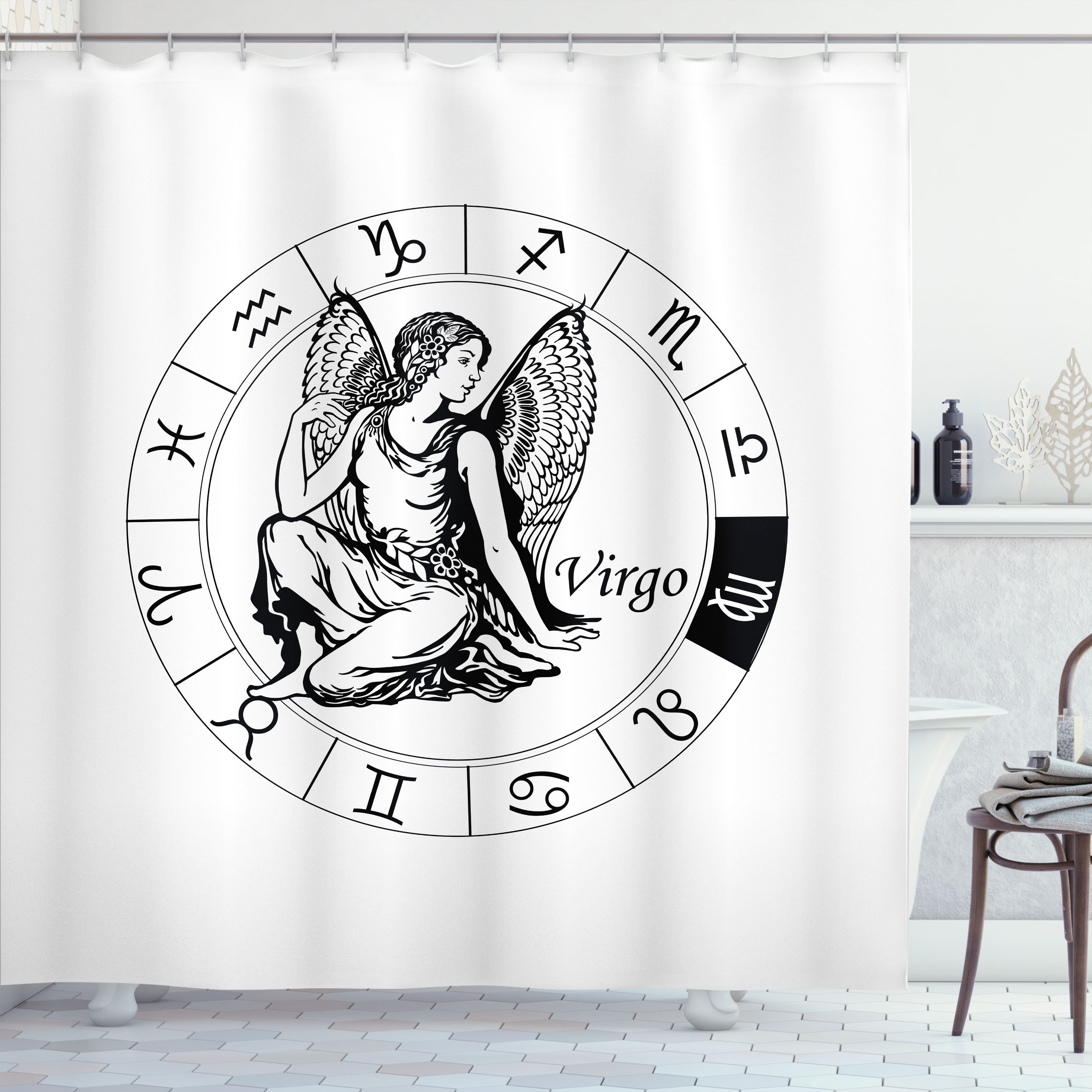 East Urban Home Virgo Shower Curtain Zodiac Horoscope Elements Black White | Wayfair