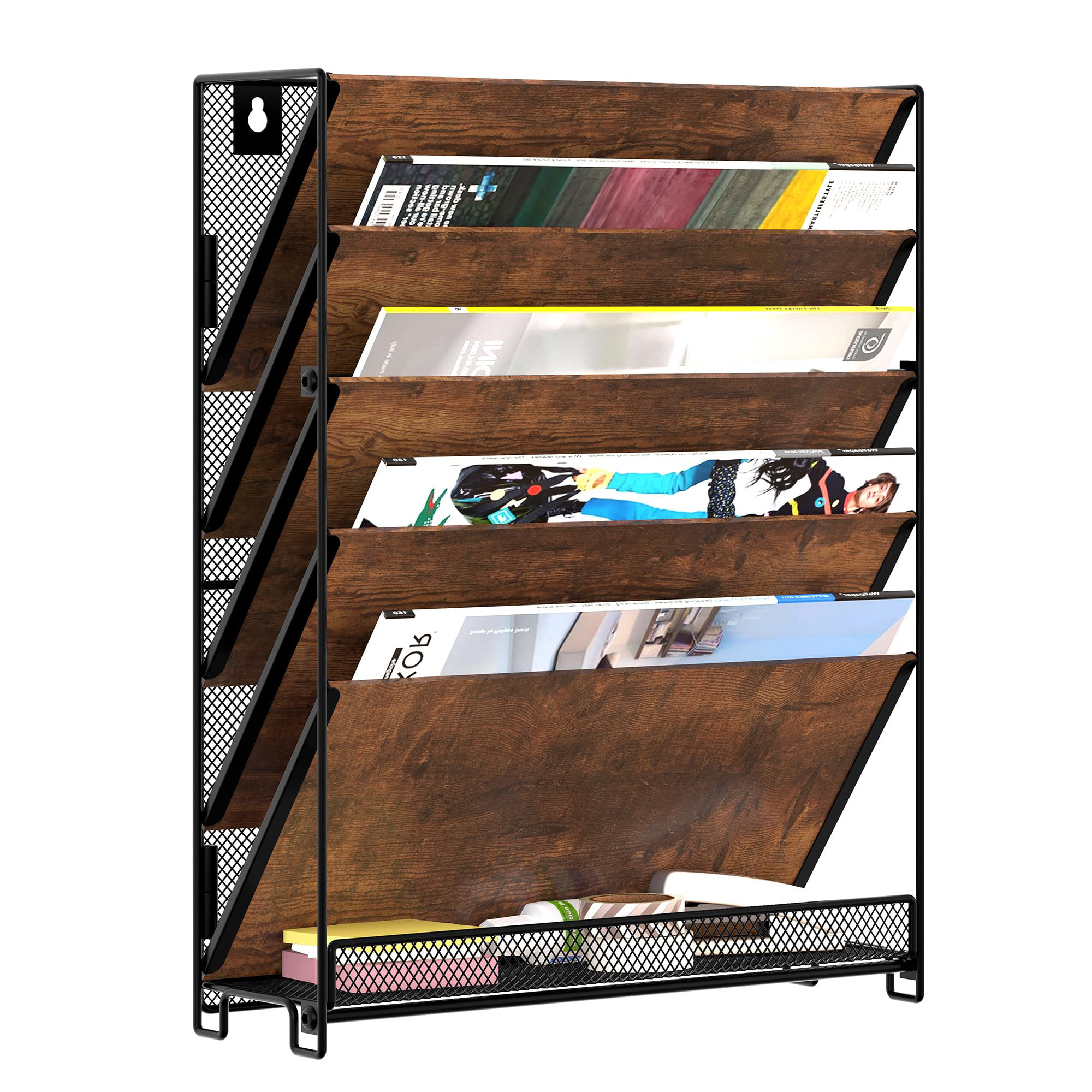 XMVJHOME Brown Mesh Wall Mount File Organizer With Wooden Tray - 6 ...